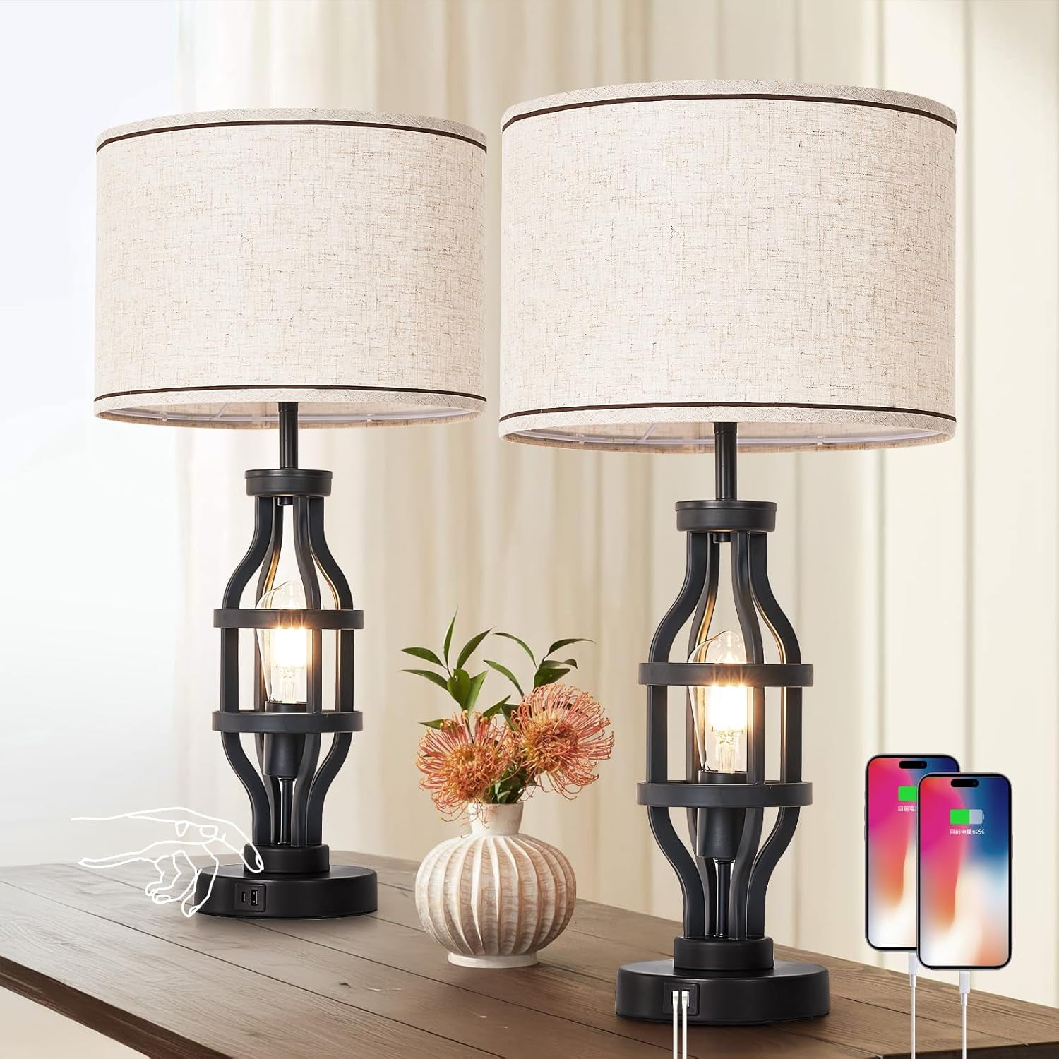 Set of 2 Touch Control Table Lamps with USB/Type C Ports, 3-Way ...