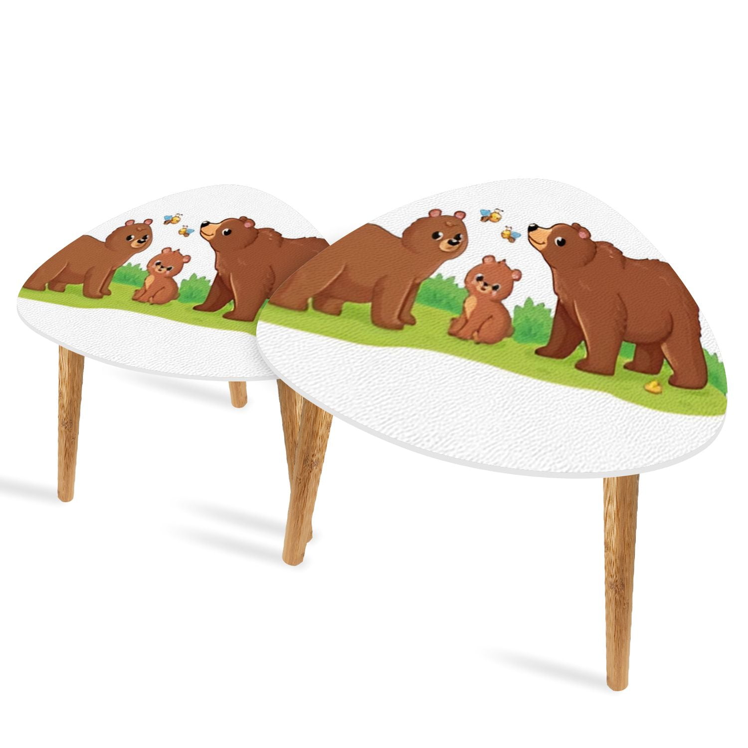 Set of 2 Triangle End Table A cute family bears stands green meadow ...