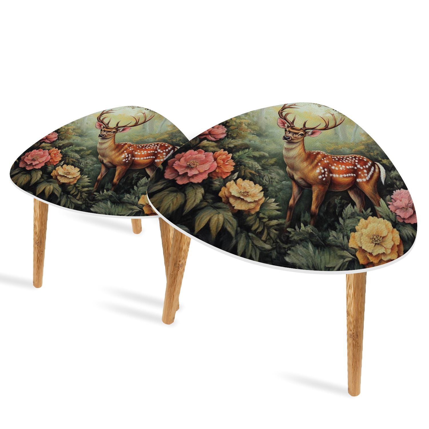 Set of 2 Triangle End Table Animals Painting Acrylic Oil Deer Flowers ...