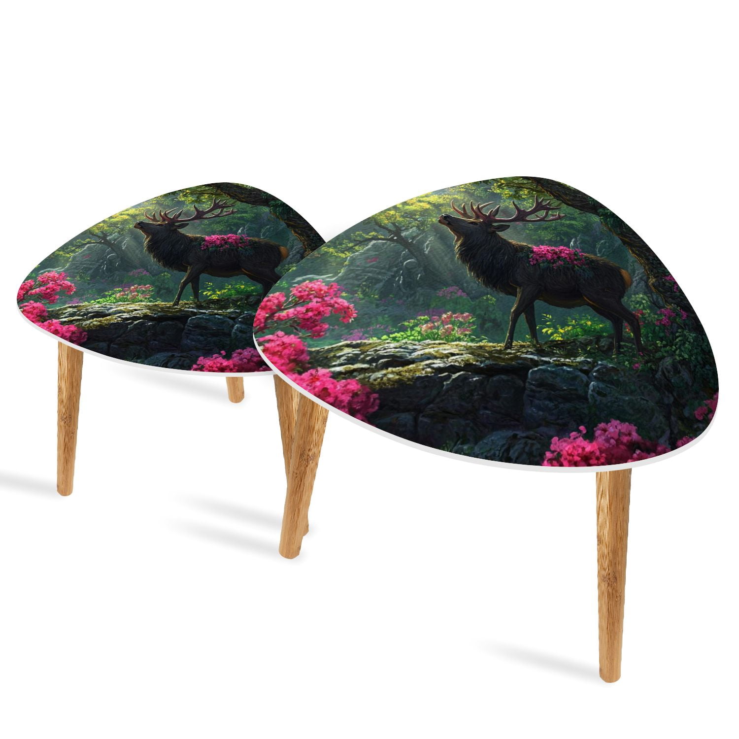 Set of 2 Triangle End Table Animals Painting Acrylic Oil Deer Flowers ...