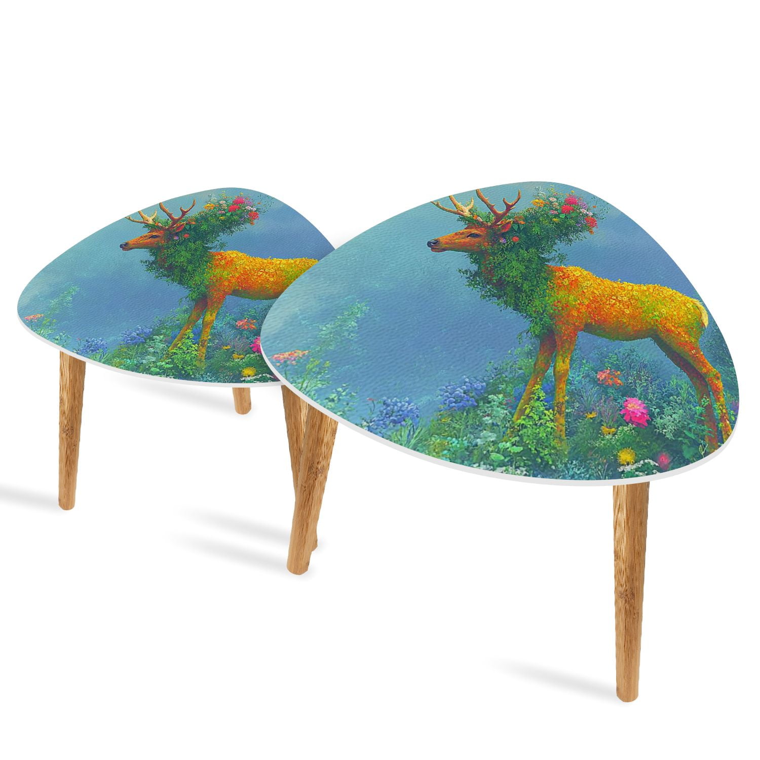 Set of 2 Triangle End Table Animals Painting Acrylic Oil Deer Flowers ...