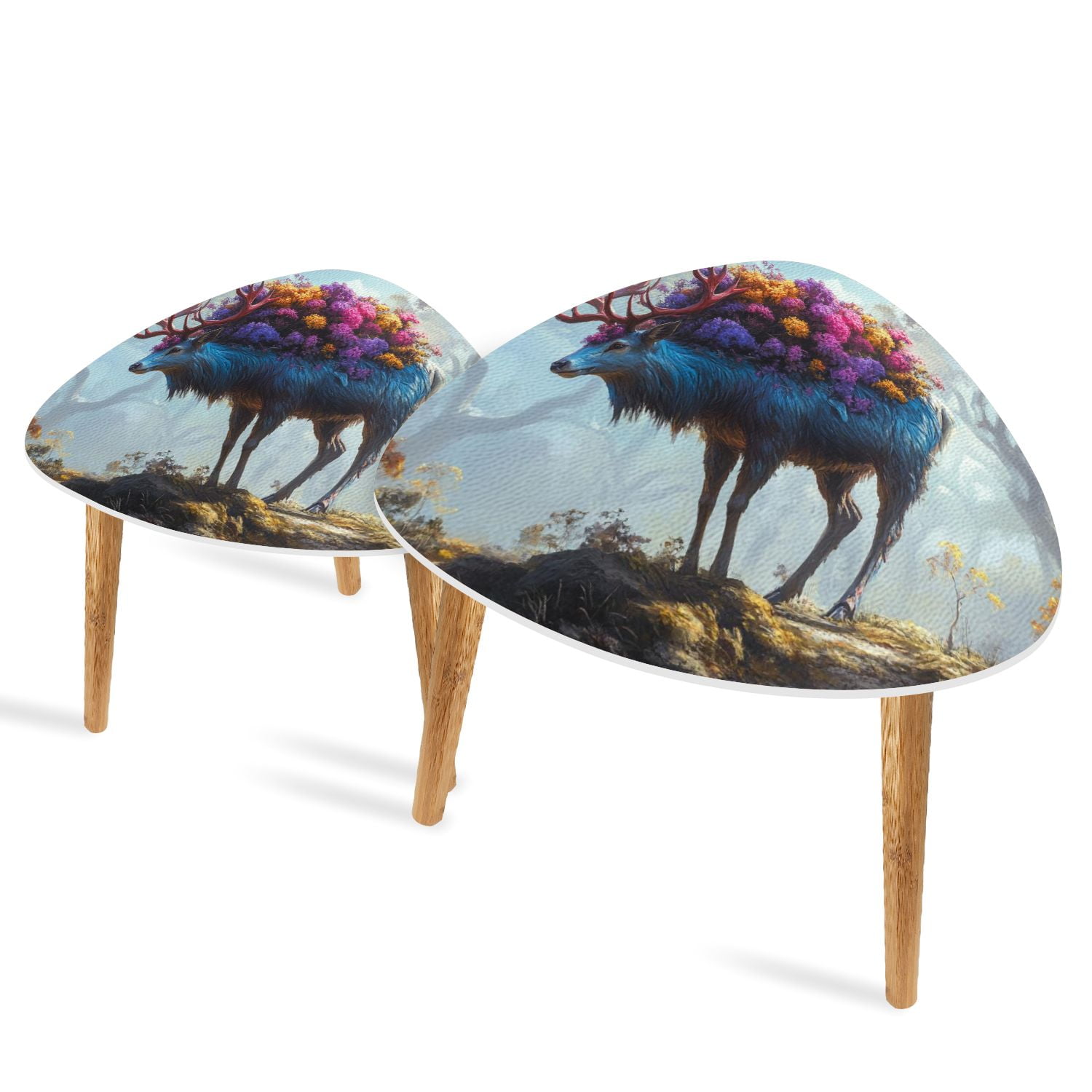 Set of 2 Triangle End Table Animals Painting Acrylic Oil Deer Flowers ...