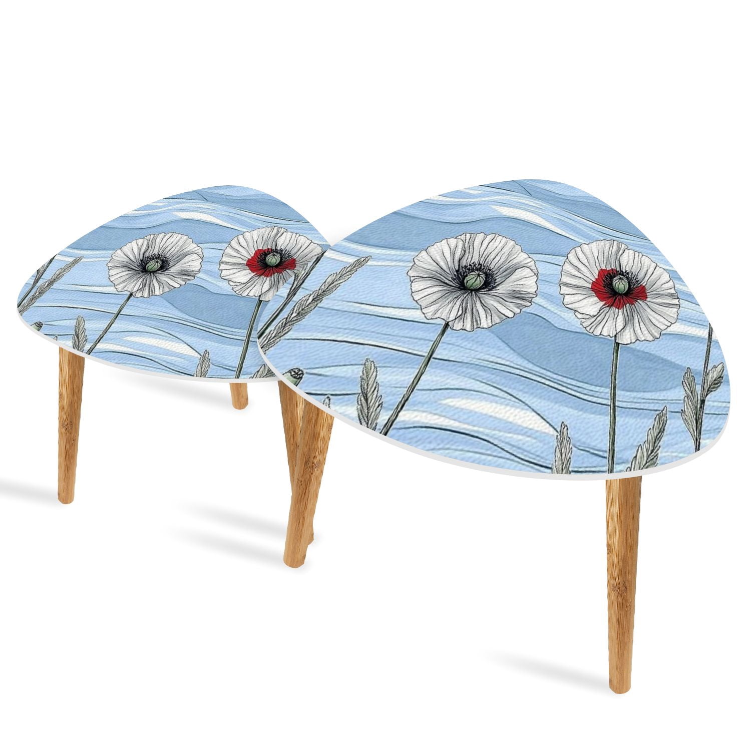 Set of 2 Triangle End Table Blue Botanical Floral Minimalist Flower ...