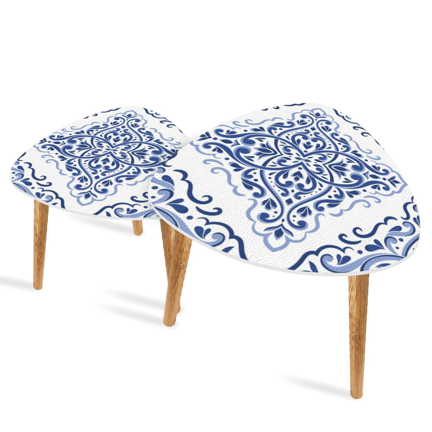 Set of 2 Triangle End Table Blue white damask seamless pattern Vintage ...