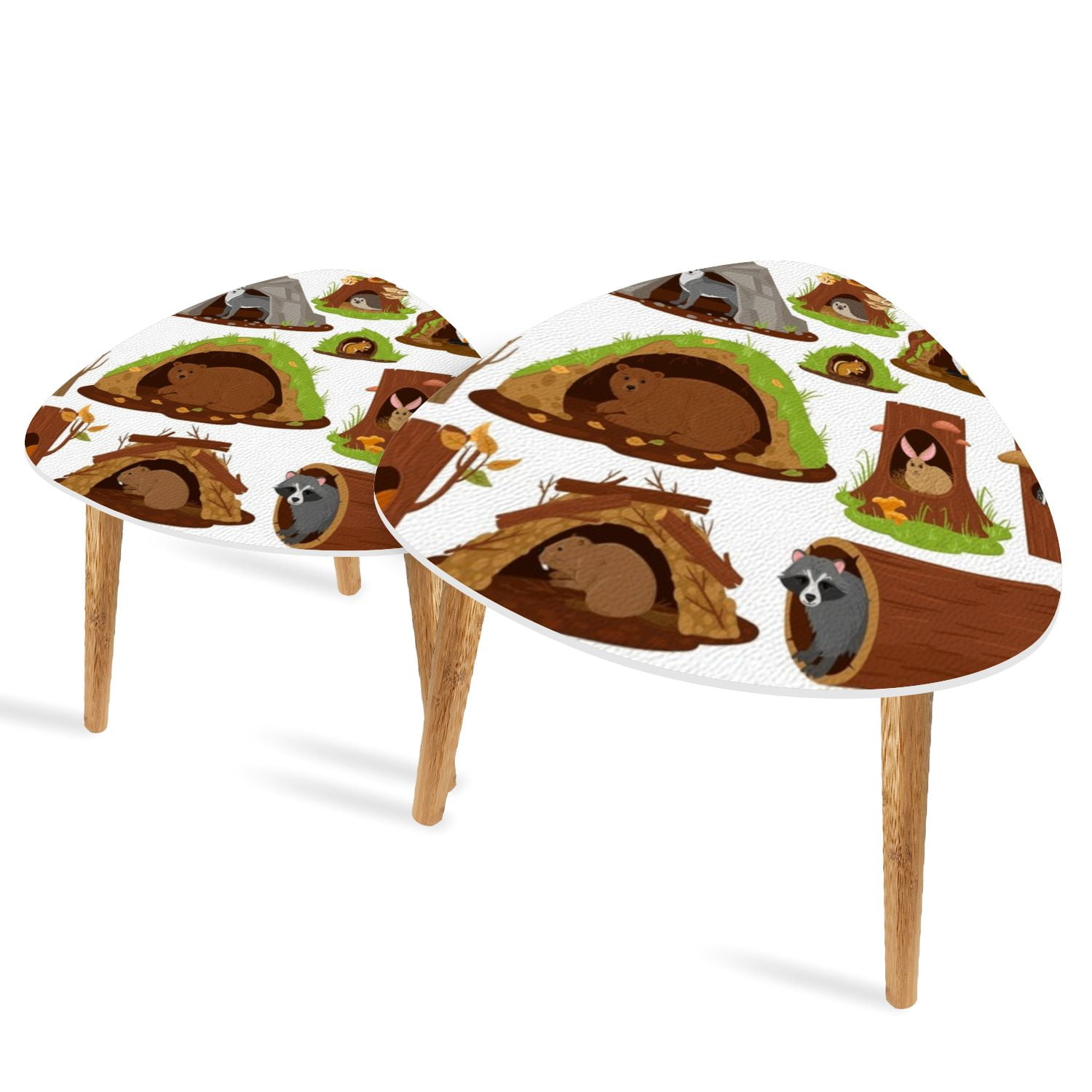 Set of 2 Triangle End Table Cartoon forest animals inside hollow burrow ...