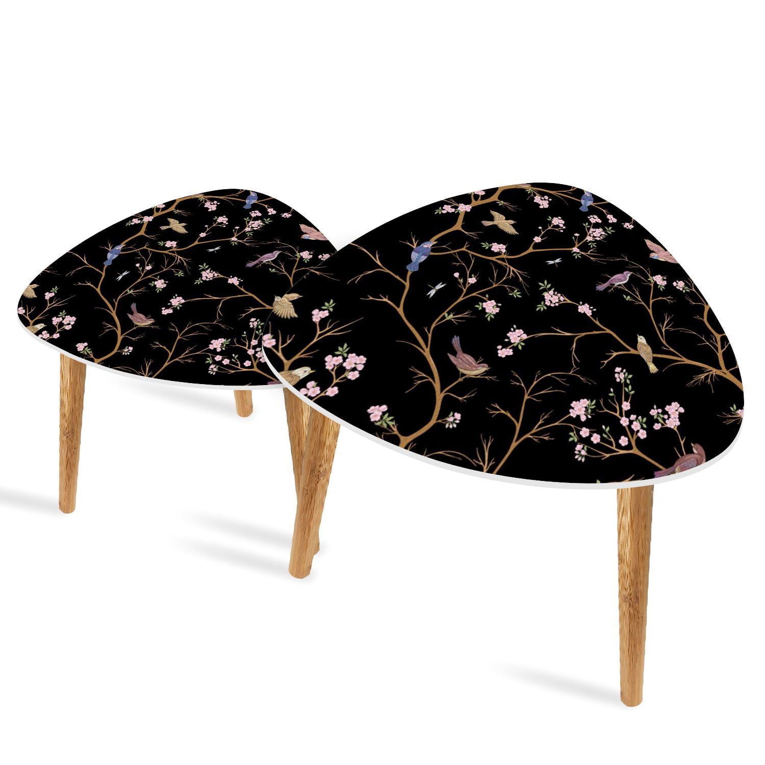 Set of 2 Triangle End Table Cherry blossom branches against sky sparrow ...
