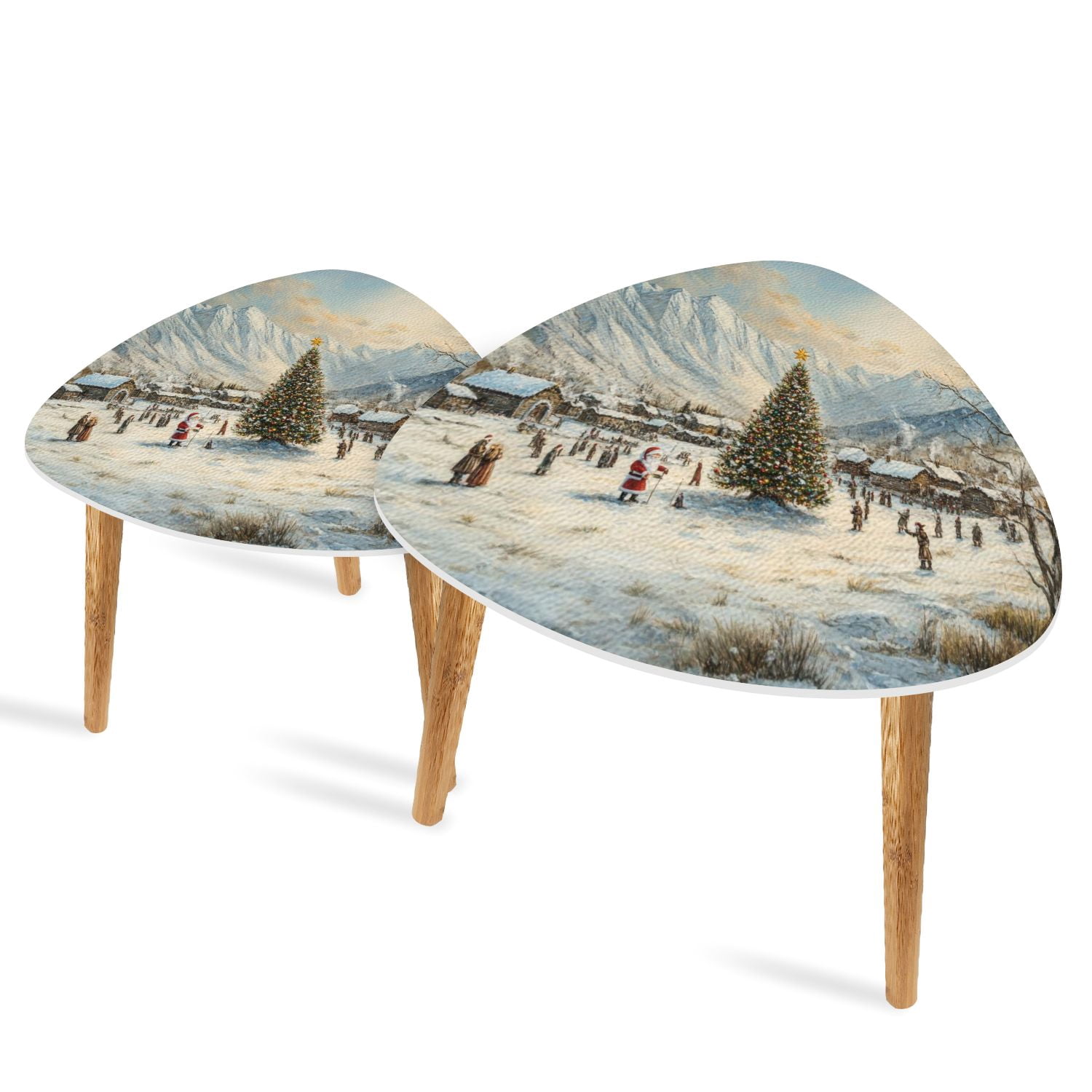 Set of 2 Triangle End Table Christmas Santa Xmas Tree Snowy Winter ...
