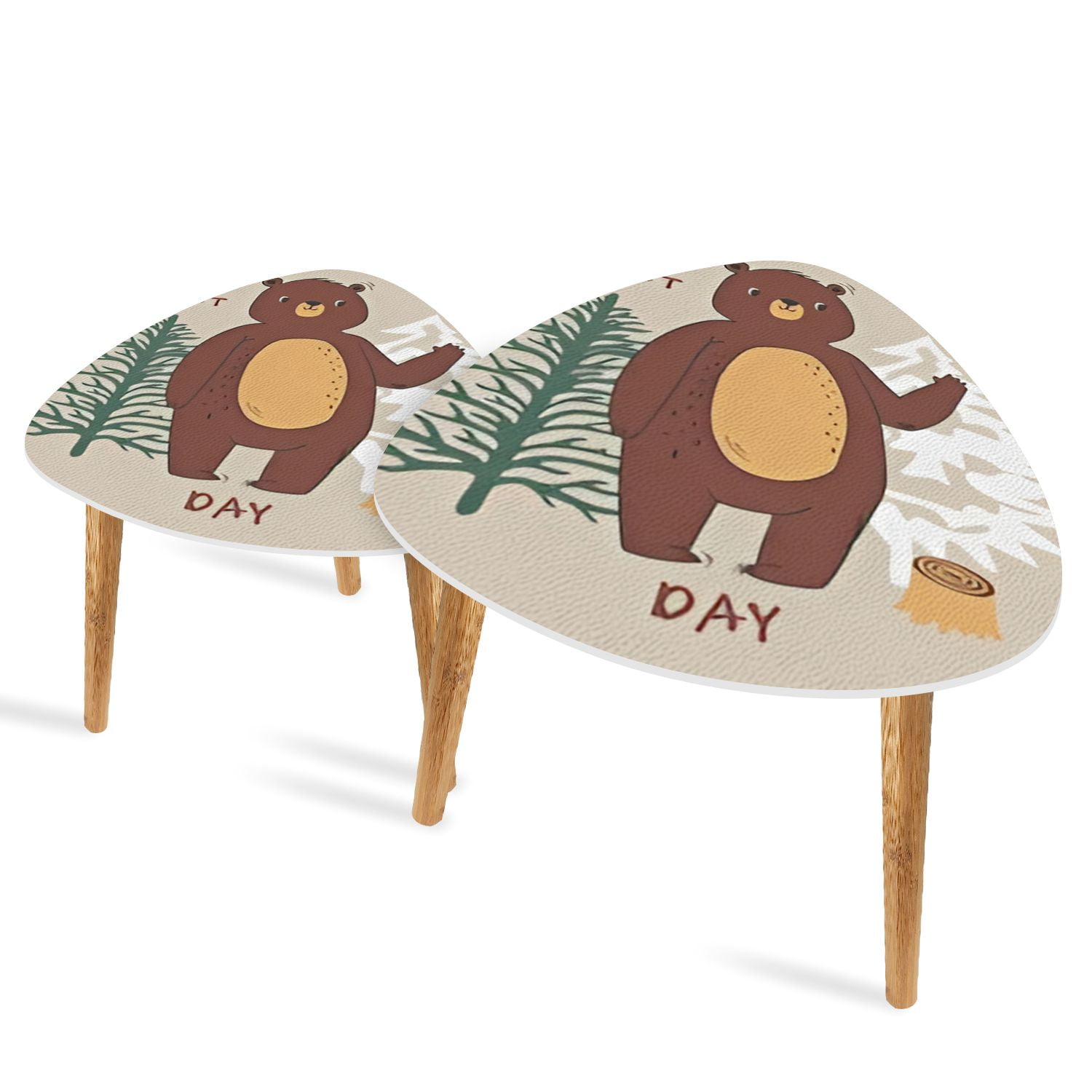 Set of 2 Triangle End Table Cute bear raccoon deer forest animals tree ...