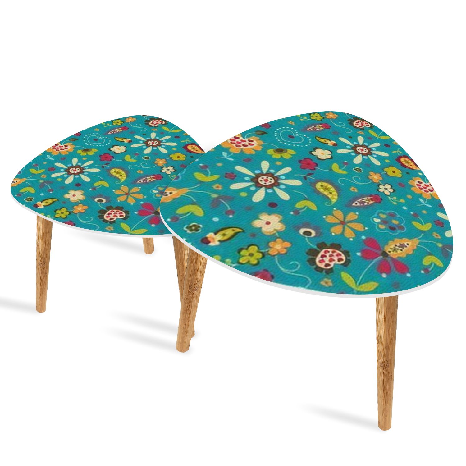 Set of 2 Triangle End Table Cute folky flower print cream brown red ...