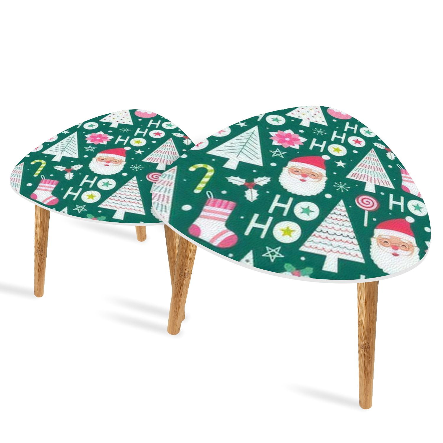 Set of 2 Triangle End Table Cute santa claus pine trees christmas ...
