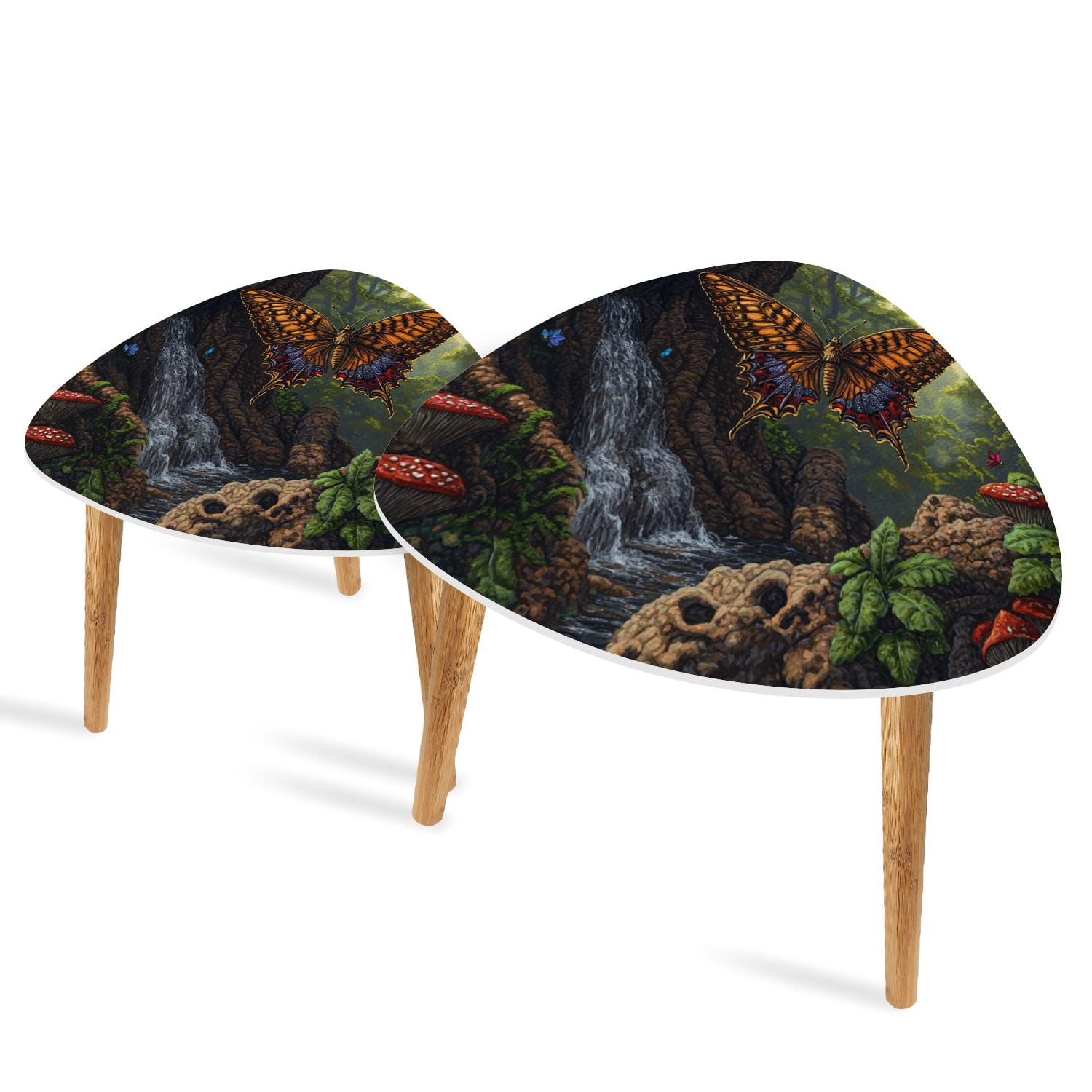 Set of 2 Triangle End Table Fantasy Forest Green Fairy Nature Plant ...