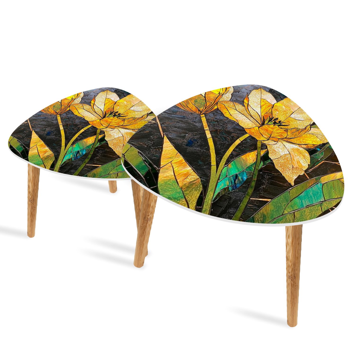 Set of 2 Triangle End Table Flowes Flower Floral Oil Painting Tulips ...