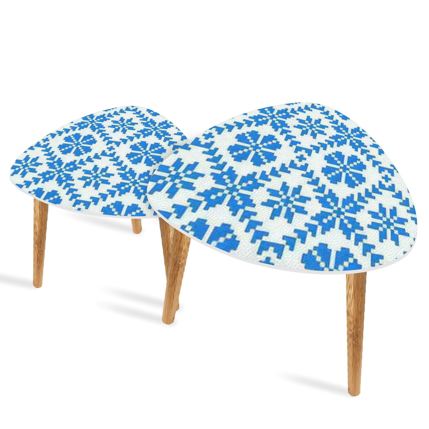 Set of 2 Triangle End Table Folk Art seamless repeat design blue floral ...