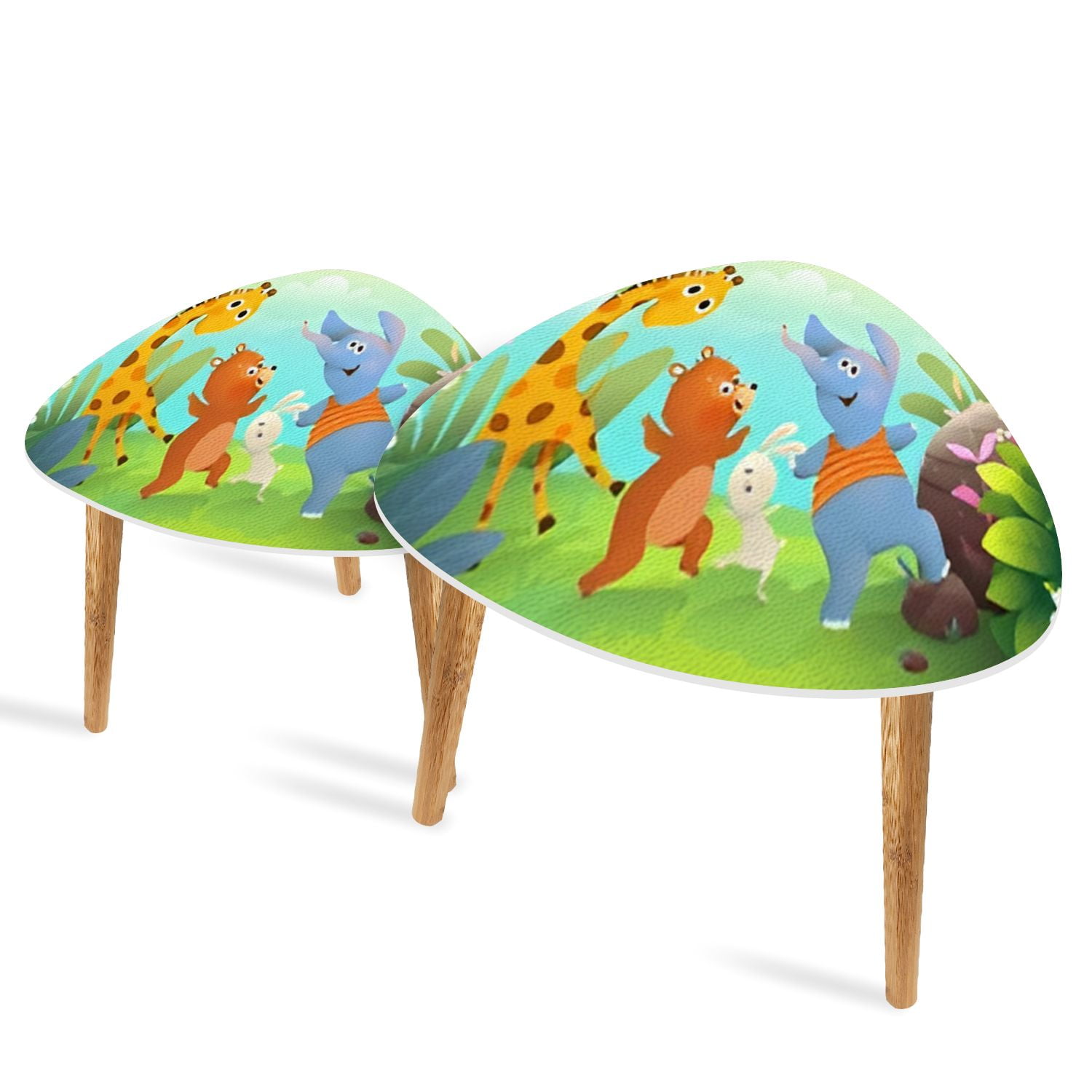 Set of 2 Triangle End Table Funny animals dancing jumping playing ...