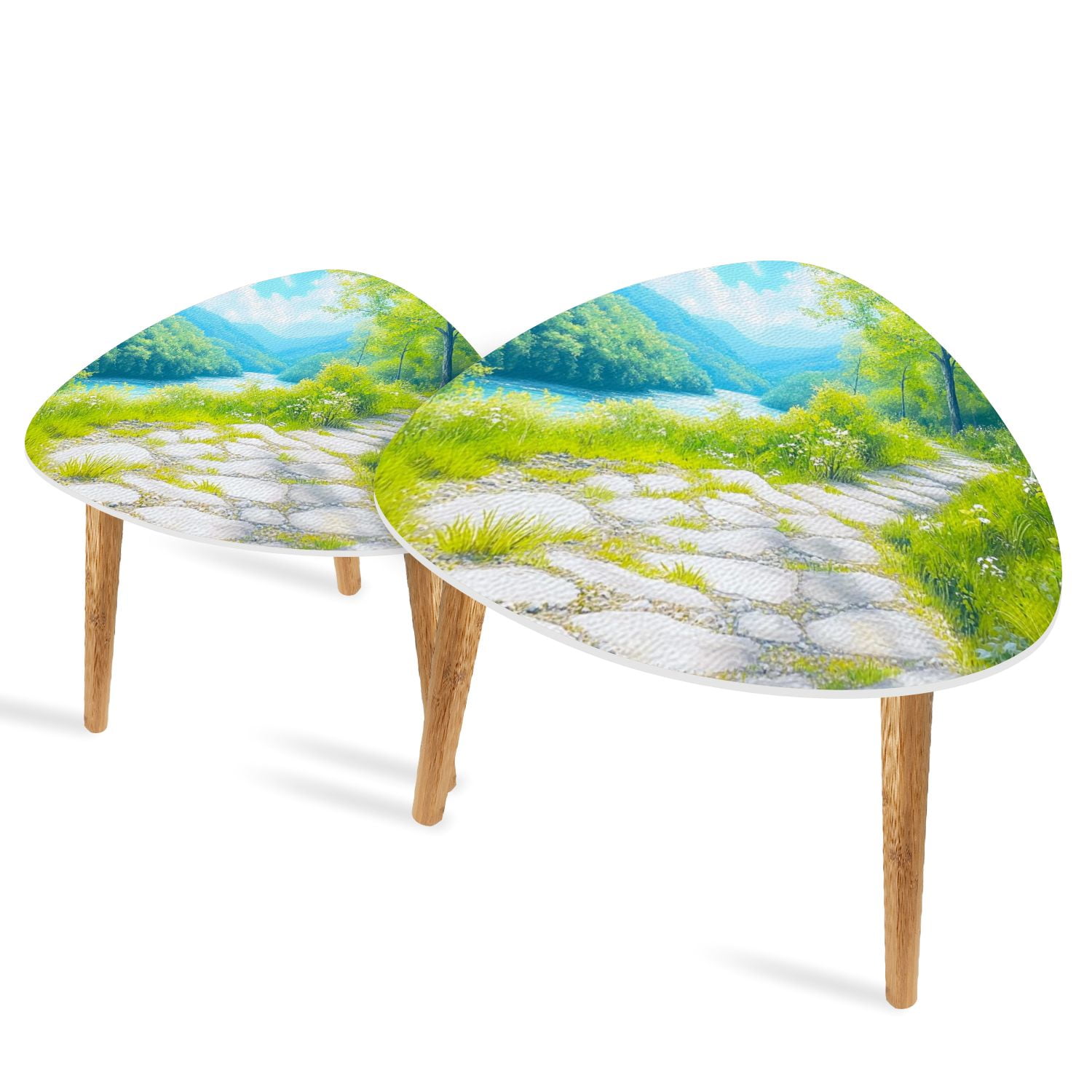 Set of 2 Triangle End Table Landscape Oil Painting River Bank Stones ...