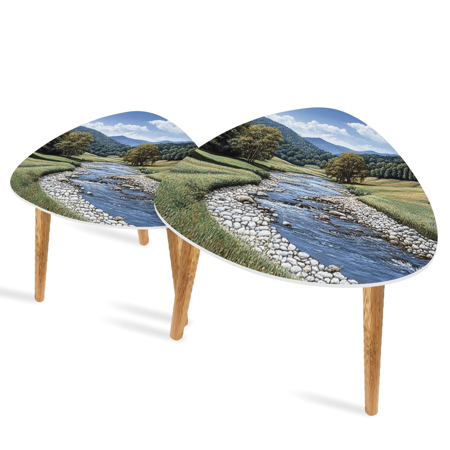 Set of 2 Triangle End Table Landscape Oil Painting River Bank Stones ...