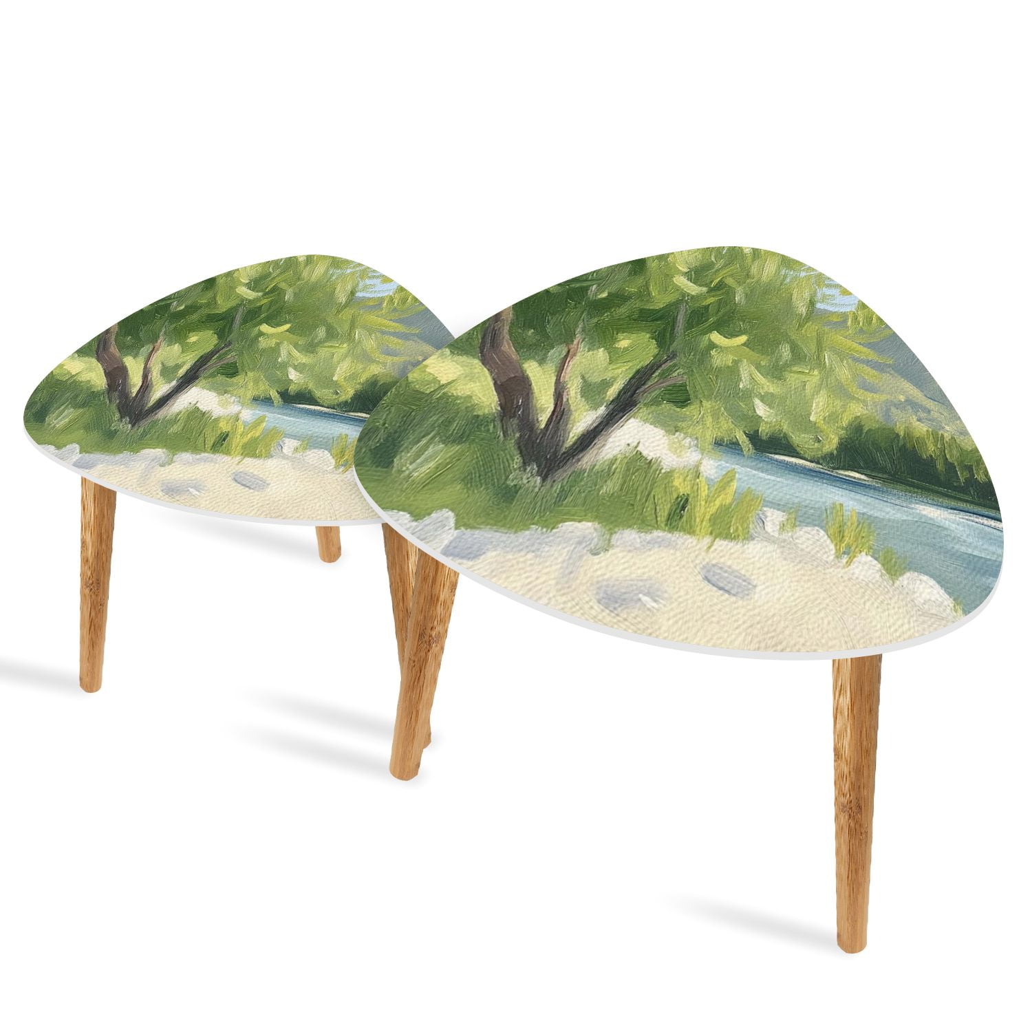 Set of 2 Triangle End Table Landscape Oil Painting River Bank Stones ...