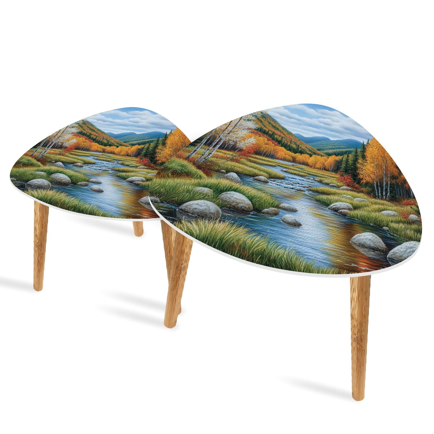 Set of 2 Triangle End Table Landscape Oil Painting River Bank Stones ...