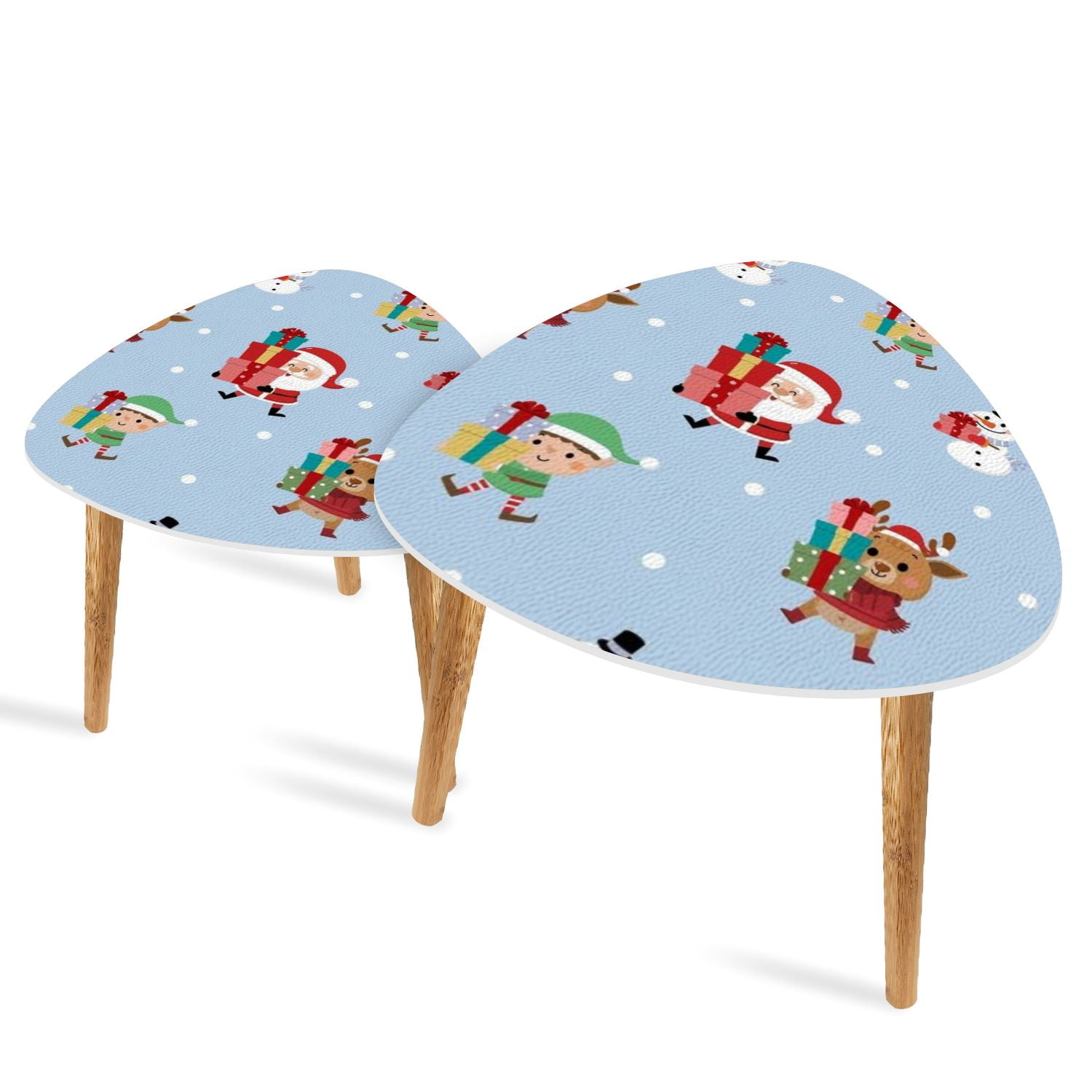 Set of 2 Triangle End Table Merry Christmas greeting Santa Claus deer ...