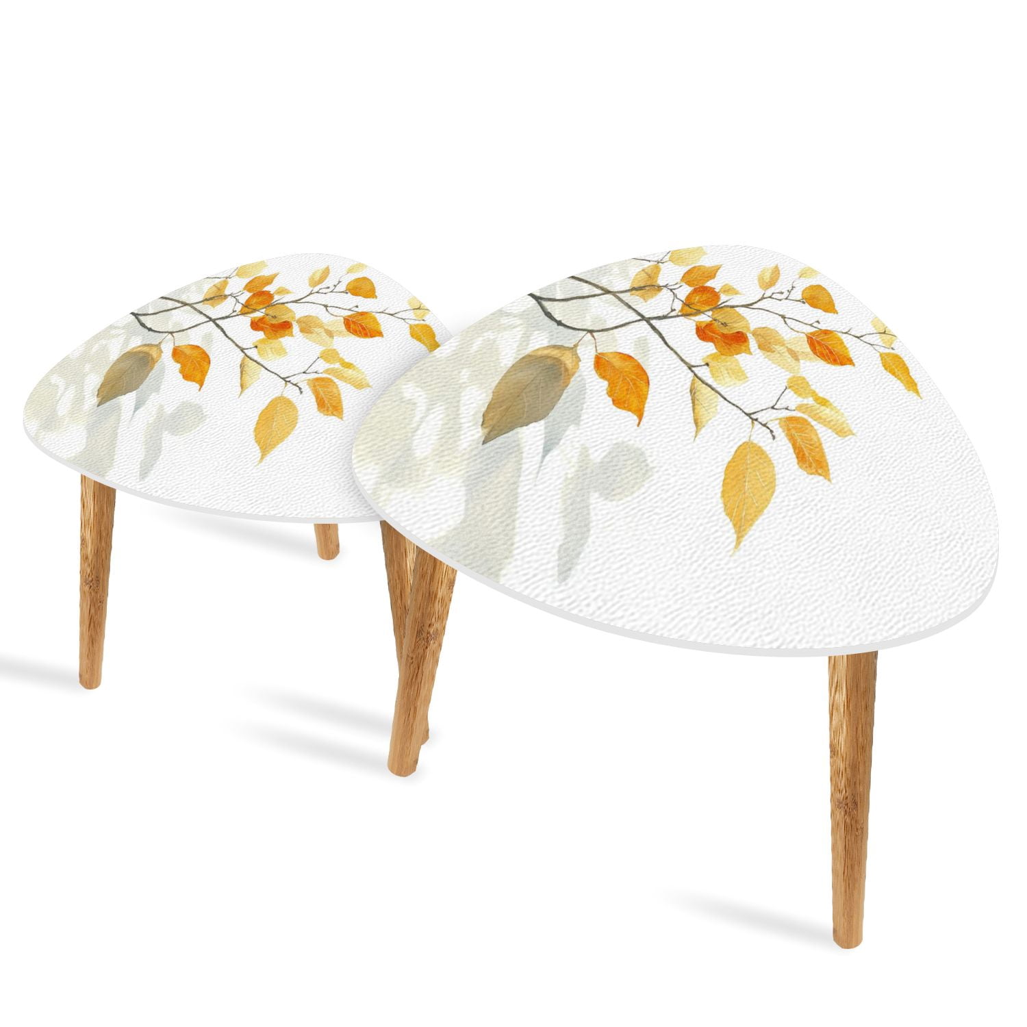 Set of 2 Triangle End Table Modern White Floral Golden Leaves Neutral ...