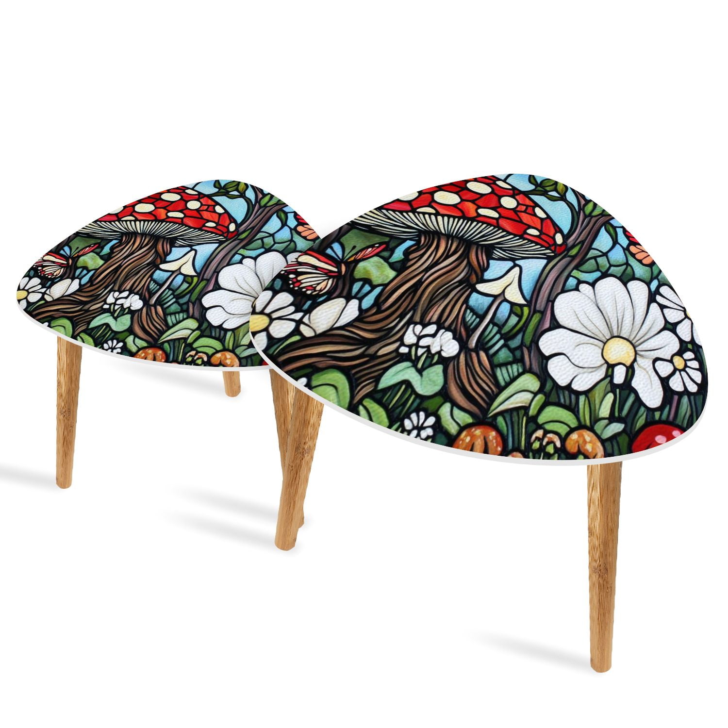 Set of 2 Triangle End Table Mushroom Enormous Mushroom Butterflies ...