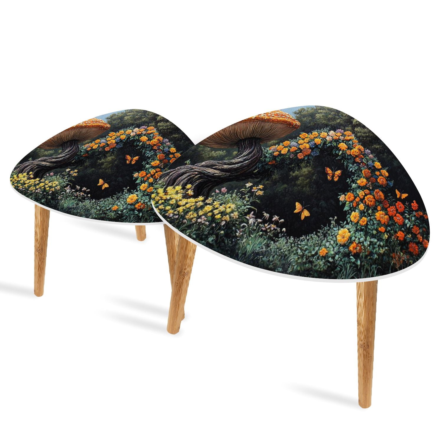 Set of 2 Triangle End Table Mushroom Enormous Mushroom Butterflies Twisted Tree Colorful Set of ...