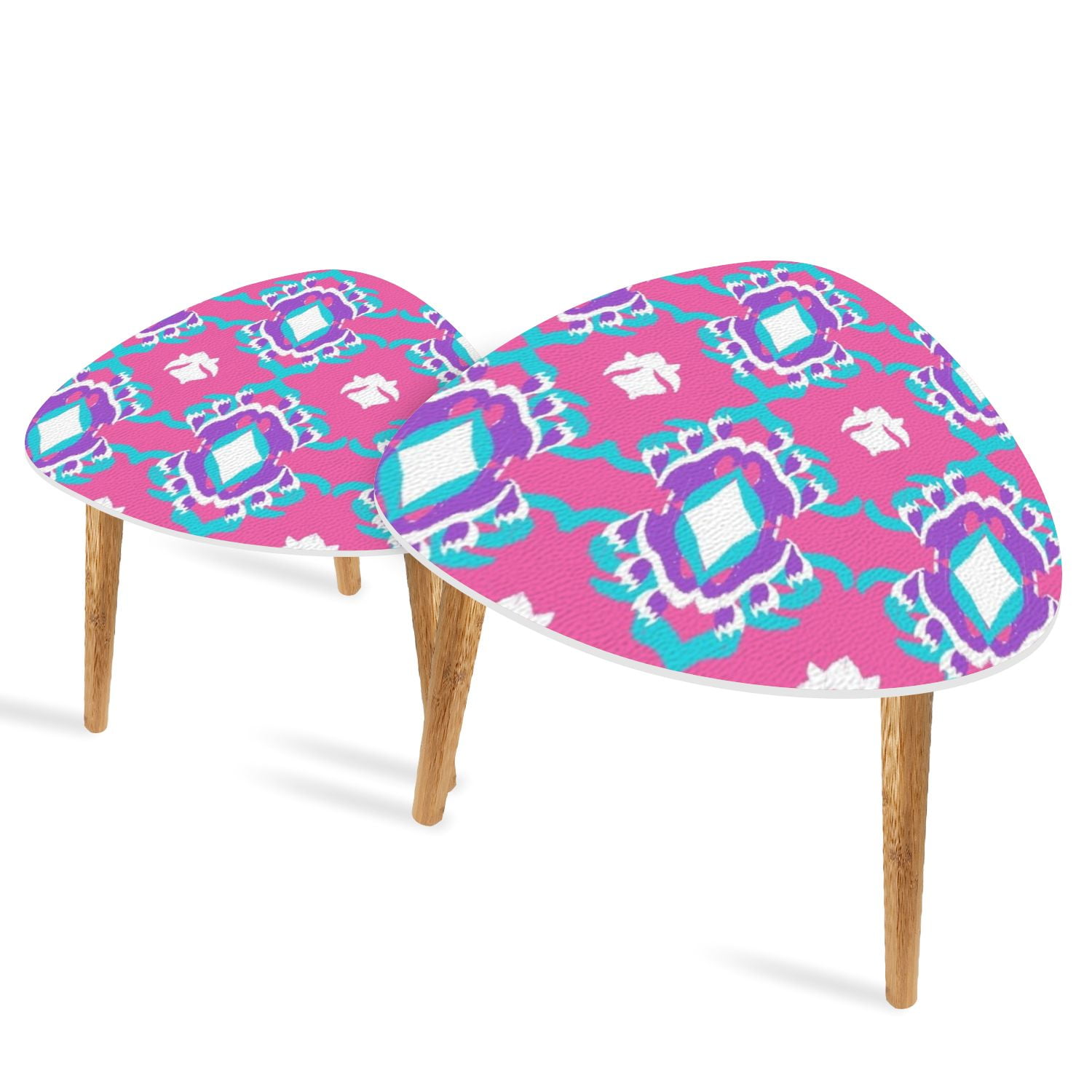 Set of 2 Triangle End Table Pink blue purple white embroidery motif ...