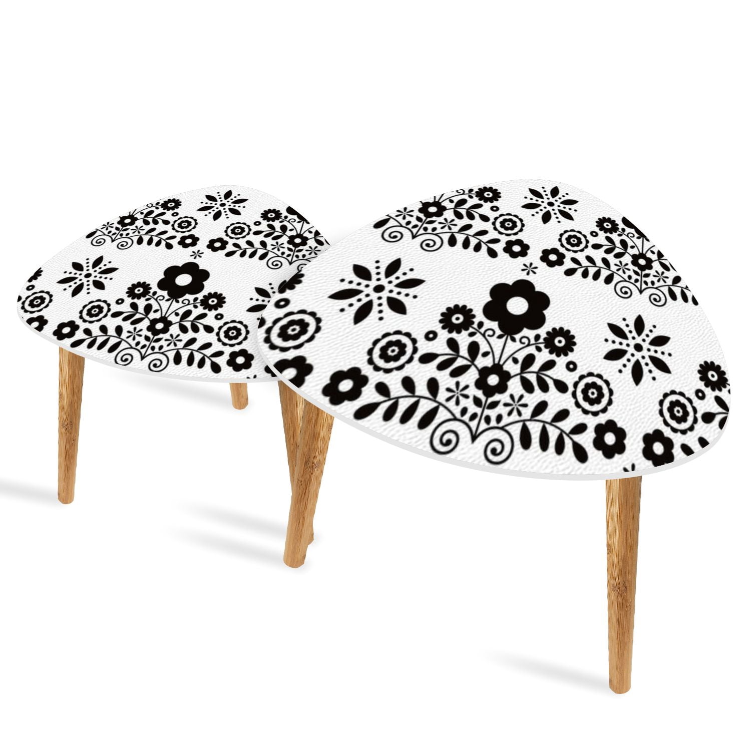 Set of 2 Triangle End Table Retro floral folk art seamless black white ...