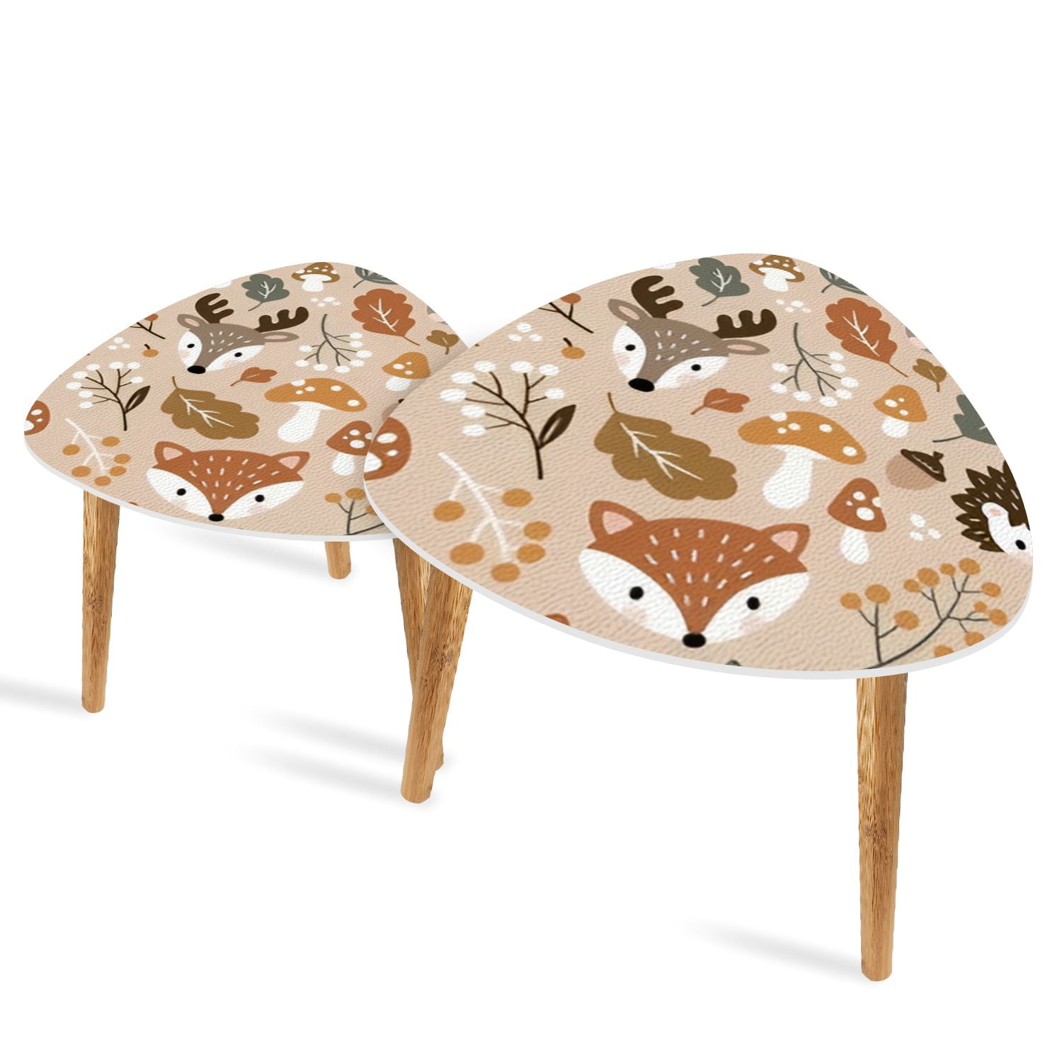 Set of 2 Triangle End Table Seamless pattern cute animal heads mushroom ...