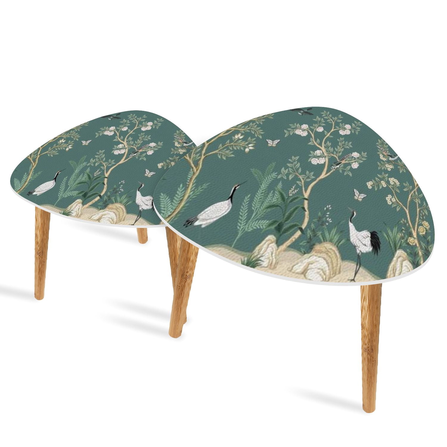 Set of 2 Triangle End Table Vintage botanical garden floral tree crane ...