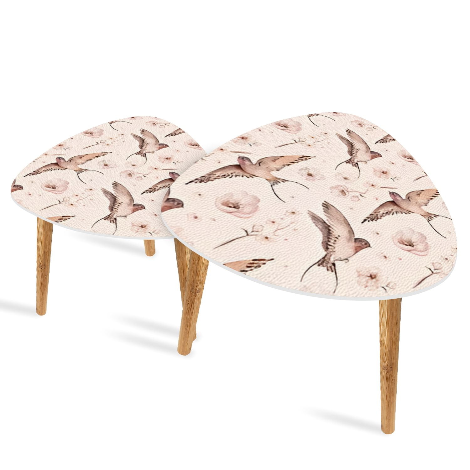 Set of 2 Triangle End Table Watercolor spring swallows blossom flowers ...