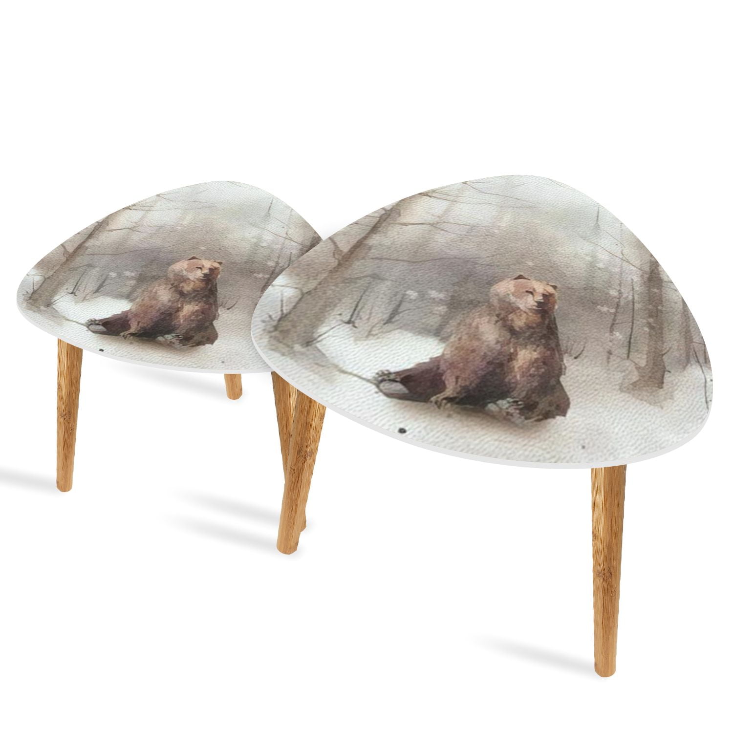 Set of 2 Triangle End Table Watercolor winter landscape snowy forest ...