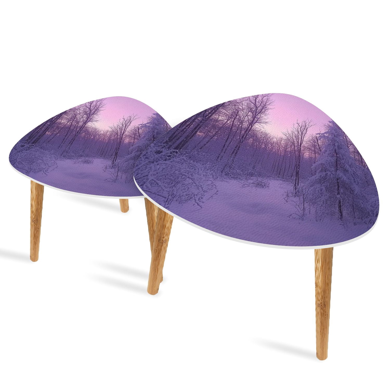 Set of 2 Triangle End Table Winter Forest Purple Sky Snowy Trees Nature ...