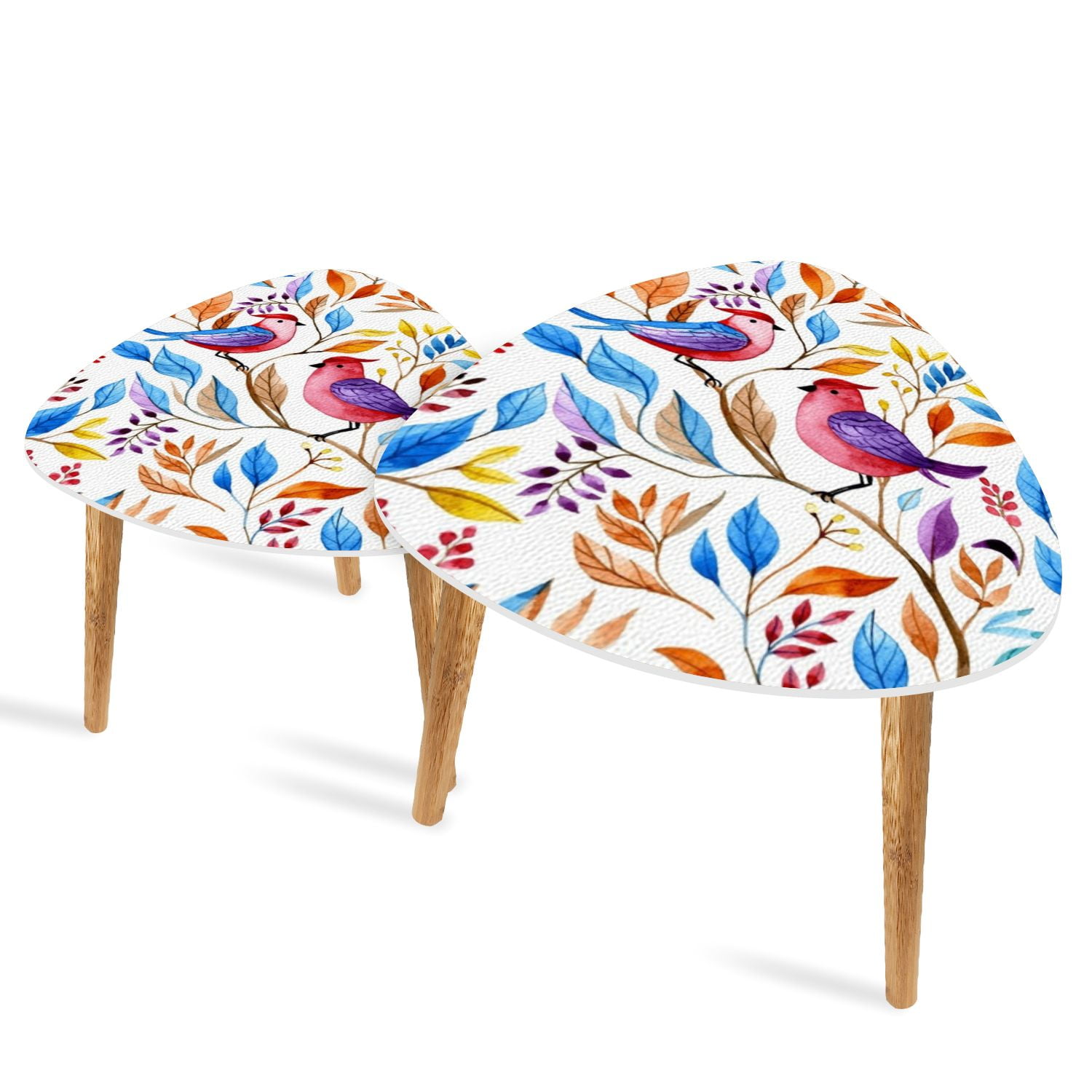 Set of 2 Triangle End Table cute watercolor pattern colored birds ...