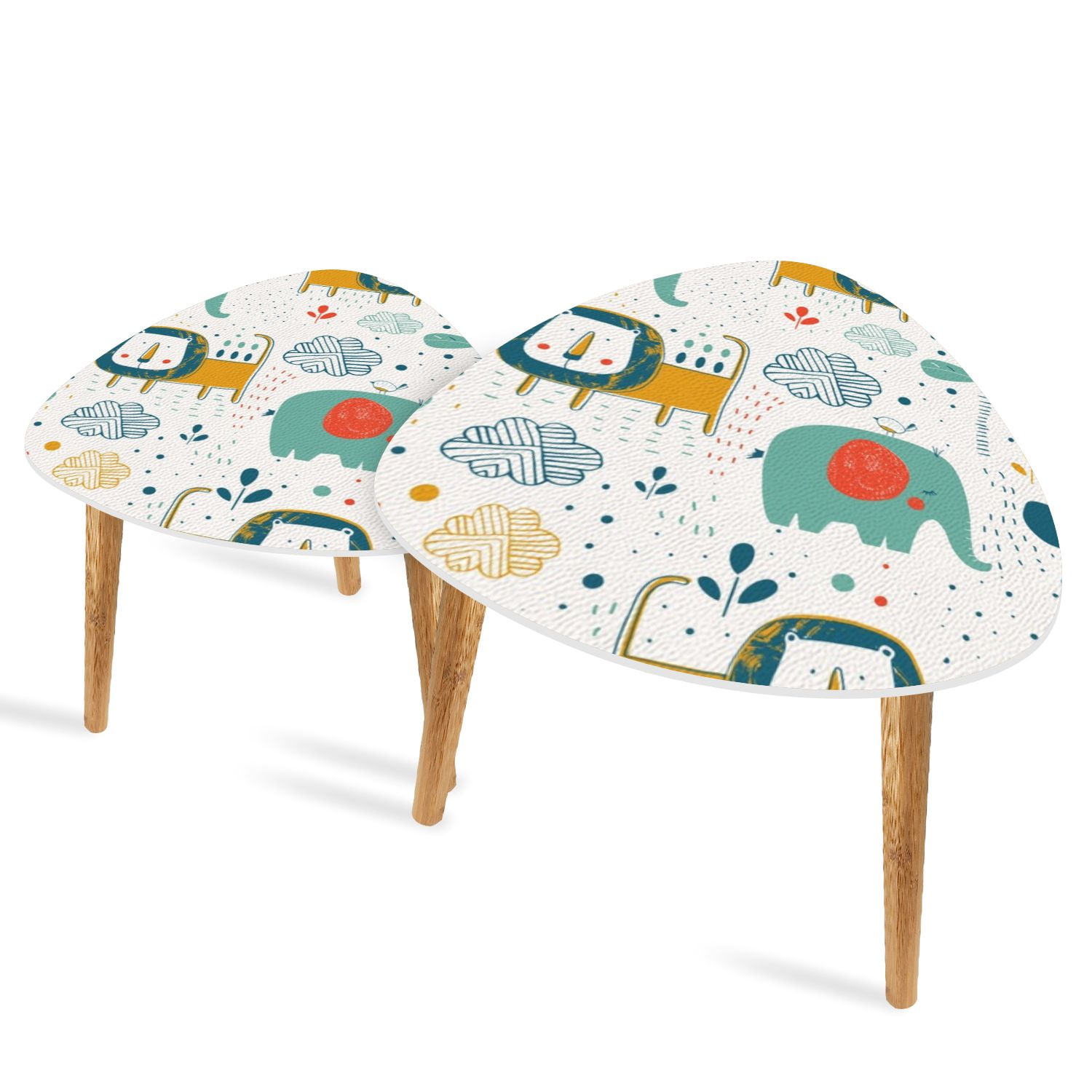 Set of 2 Triangle End Table seamless pattern cute elephants lions birds ...