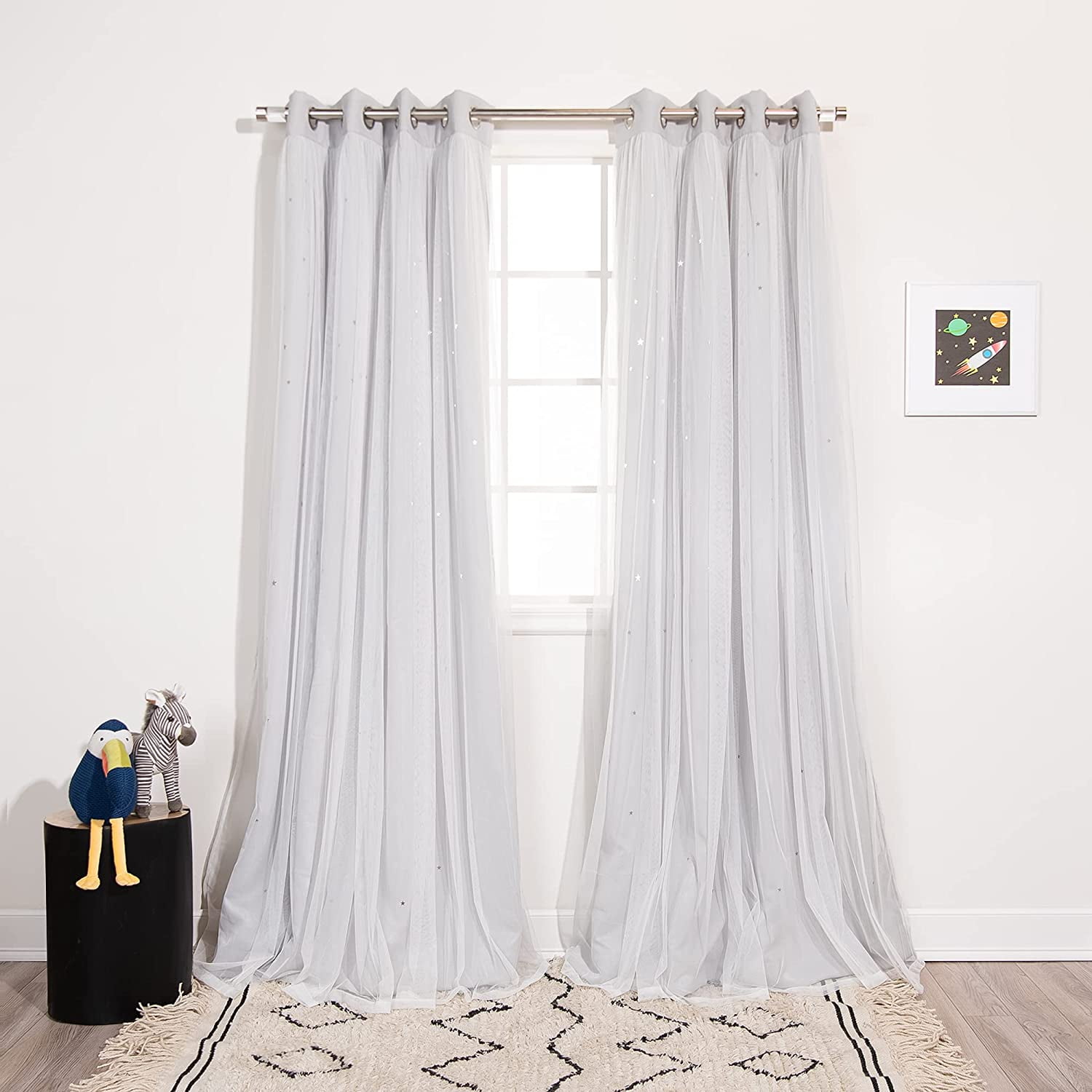 Set of 2 Tulle Overlay Star Cut Out Silver Grommet Curtains for Bedroom ...