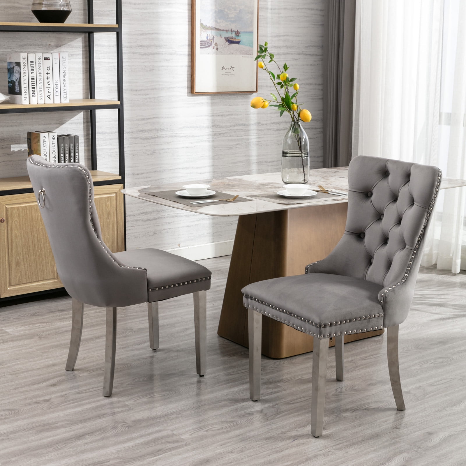 Set of 2 Upholstered Dining Chair with Metal Legs and Backrest, Velvet ...