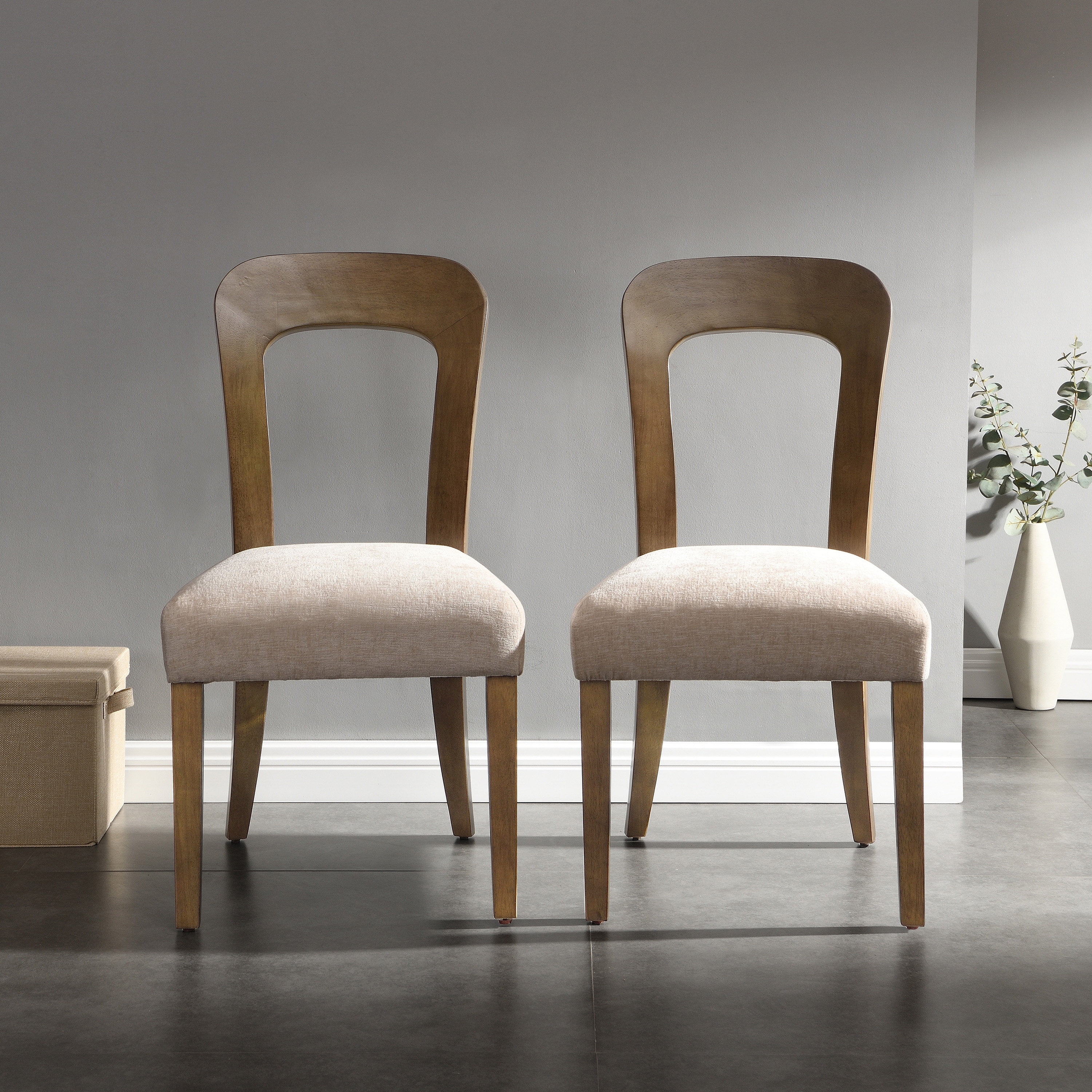 Set of 2 Upholstered Dining Chairs, Beige Fabric Seating, Light Brown ...