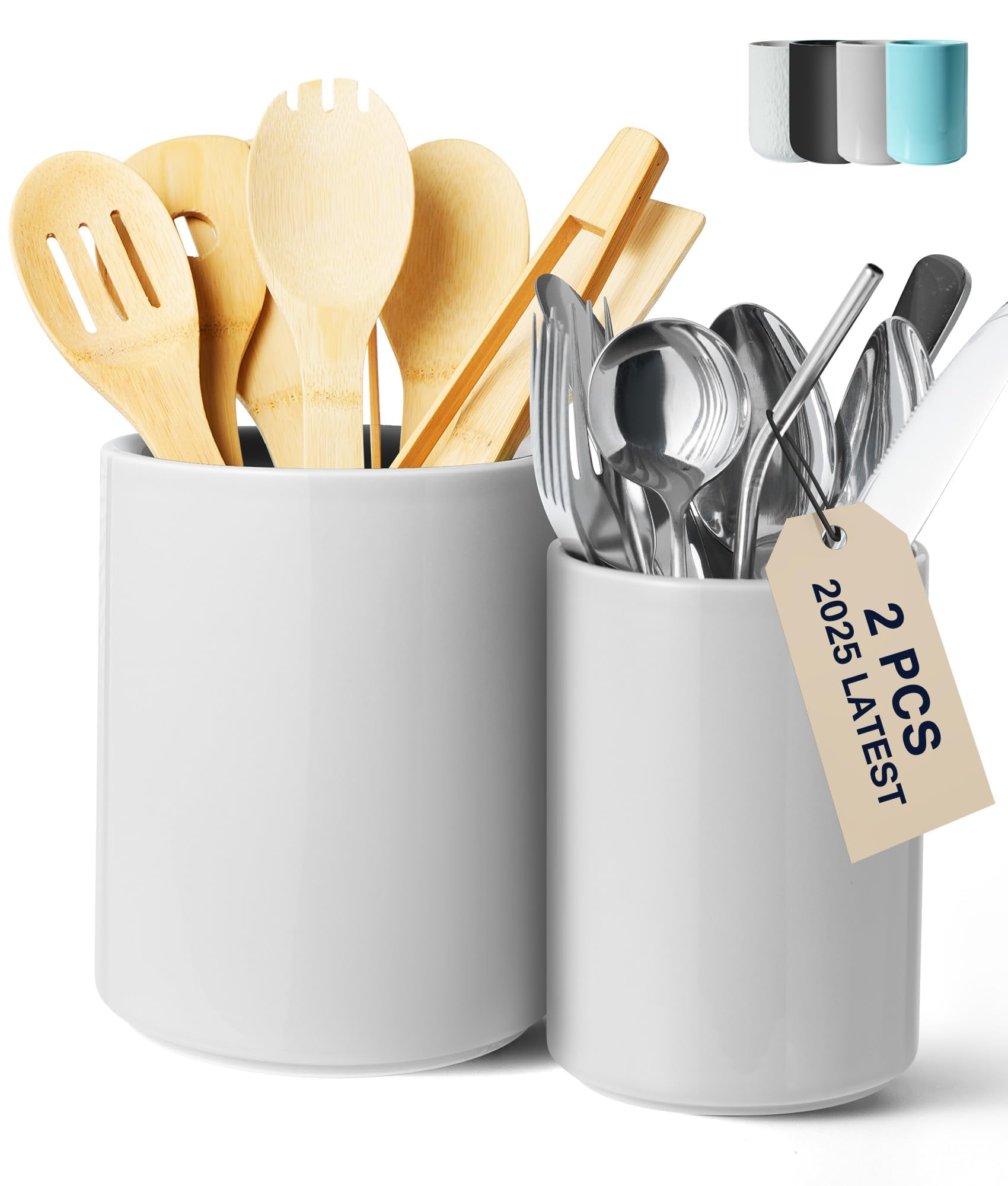 Set Of 2 Utensil Holder, 7"+5" Ceramic Kitchen Utensil Holder For ...