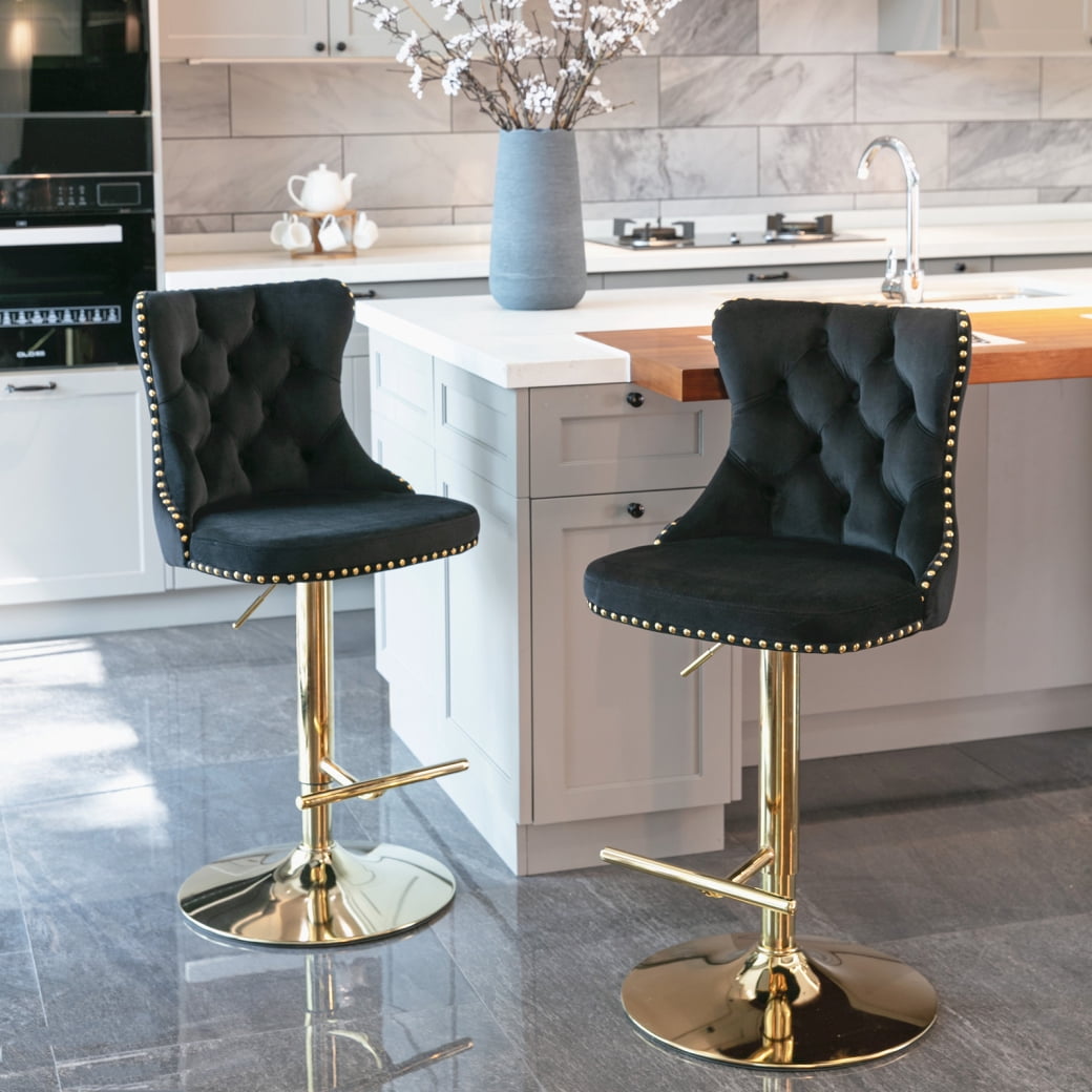 Set of 2 Velvet Armless Swivel Bar Stools, Adjustable Counter Height ...