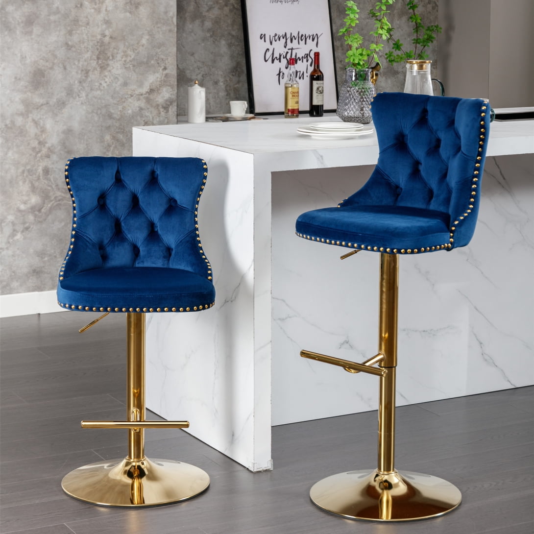 Set of 2 Velvet Armless Swivel Bar Stools, Adjustable Counter Height ...