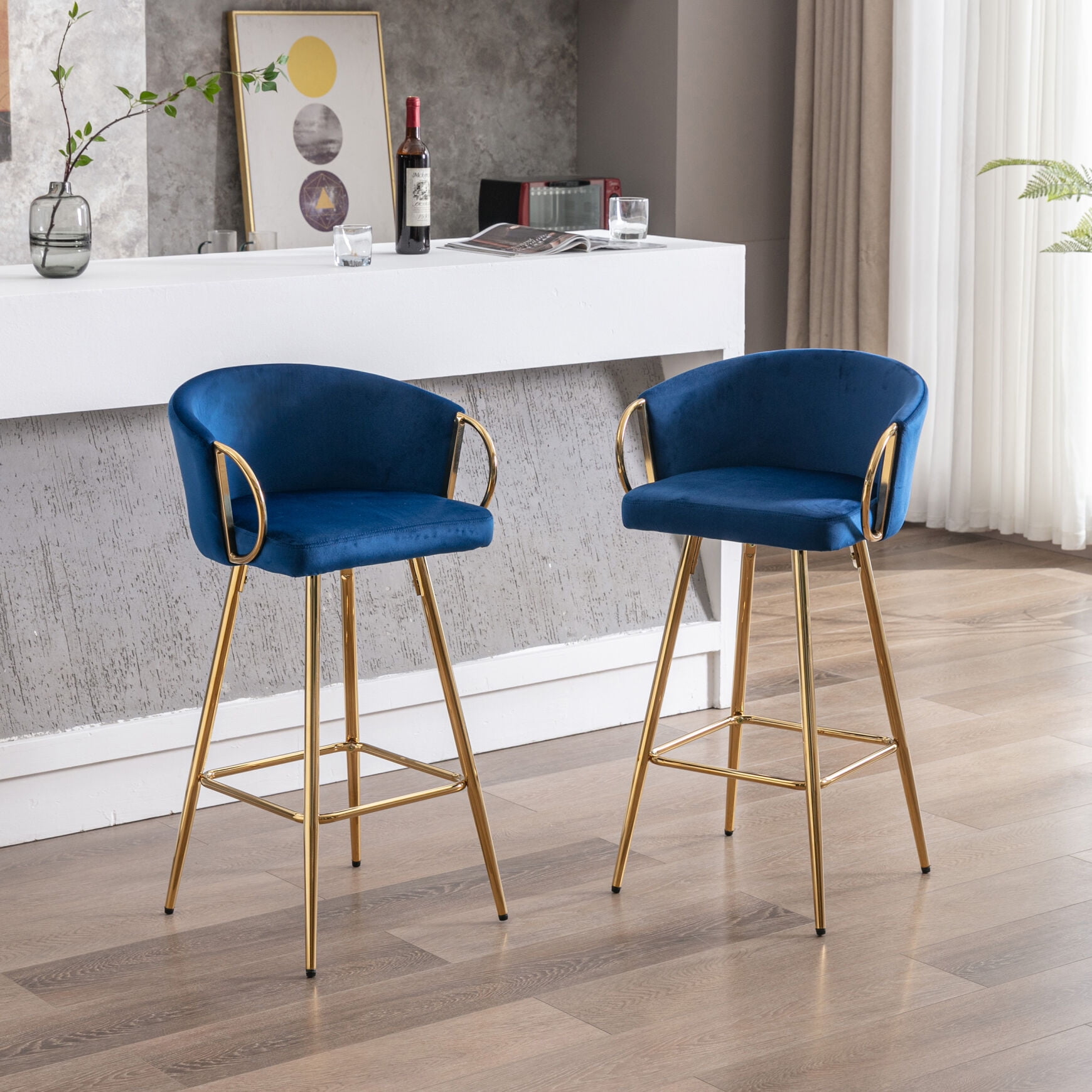 Set of 2 Velvet Bar Stools with Chrome Footrest and Golden Legs ...