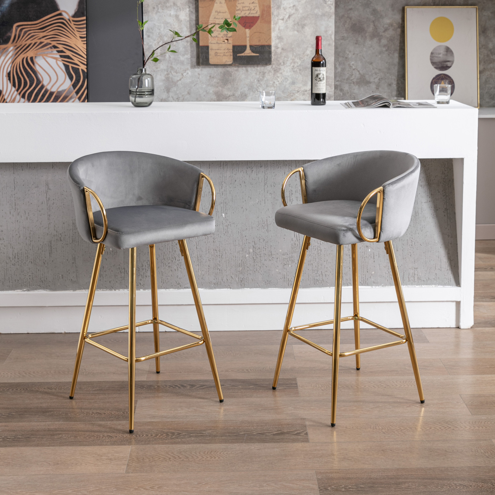 Set of 2 Velvet Bar Stools with Chrome Footrest and Golden Legs ...