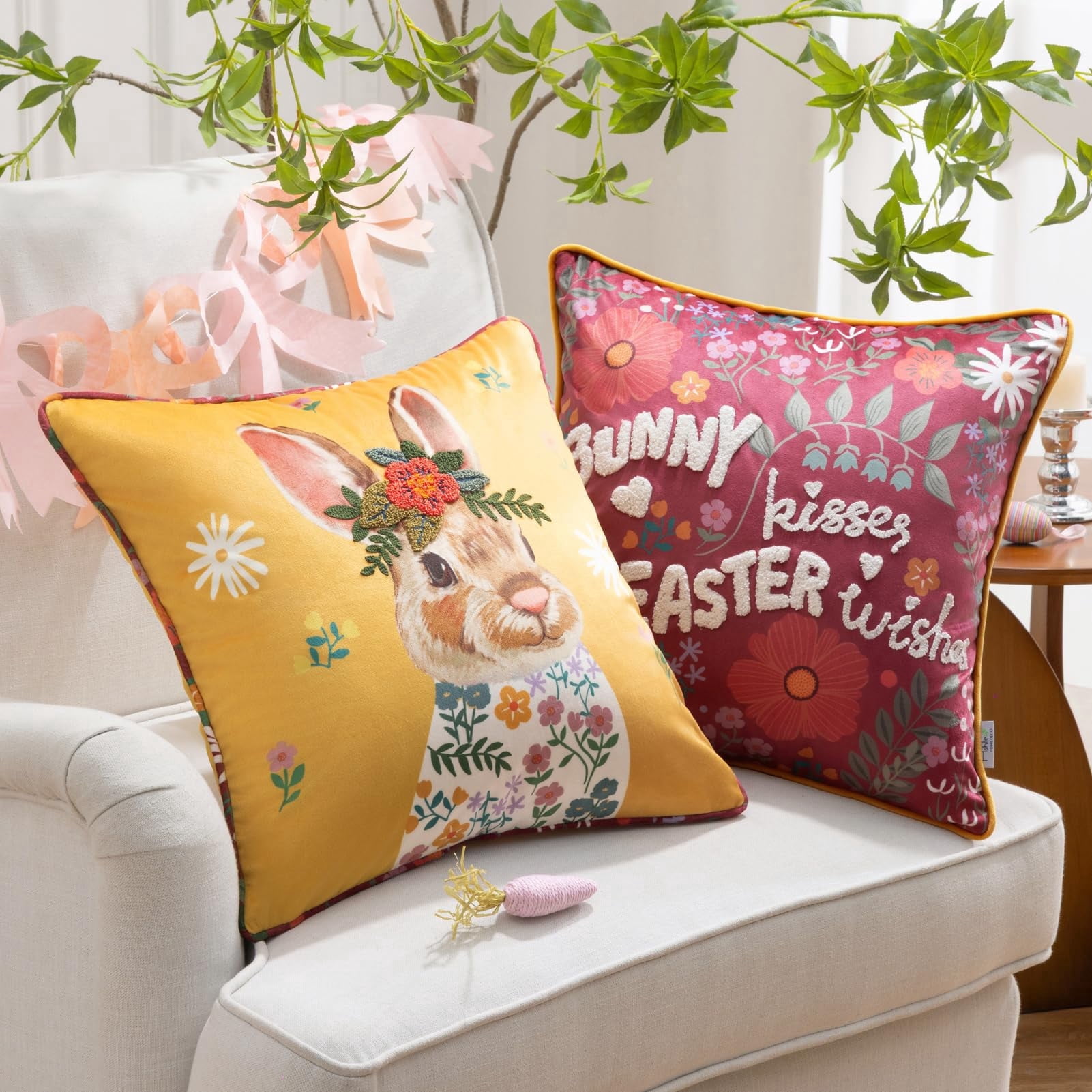 Set of 2 Velvet Easter Decorative Pillow Covers, Bunny Rabbit and ...