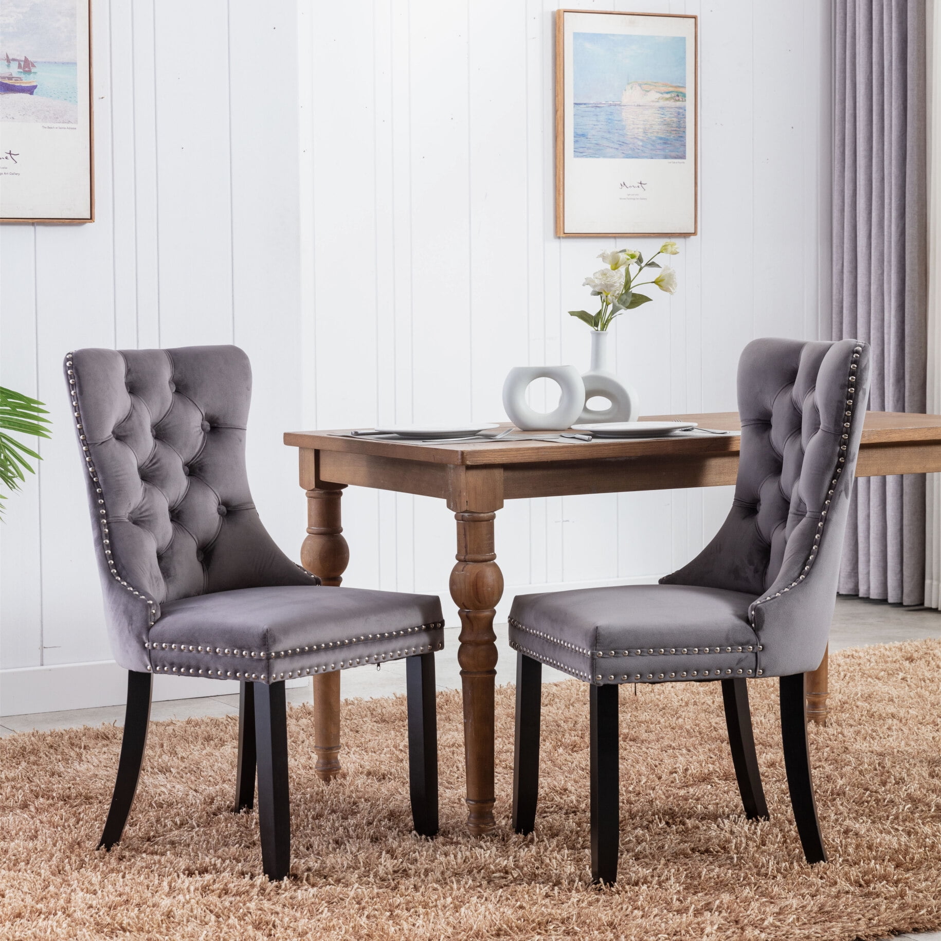 Set of 2 Velvet Kitchen Chairs, Tufted Upholstered Dining Room Chairs ...