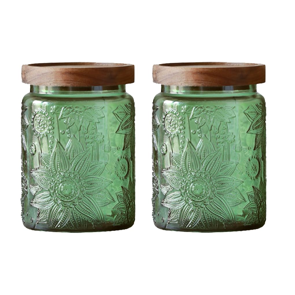 Set of 2 Vintage Glass Jars, Green Glass Storage Jars with Solid Wood ...