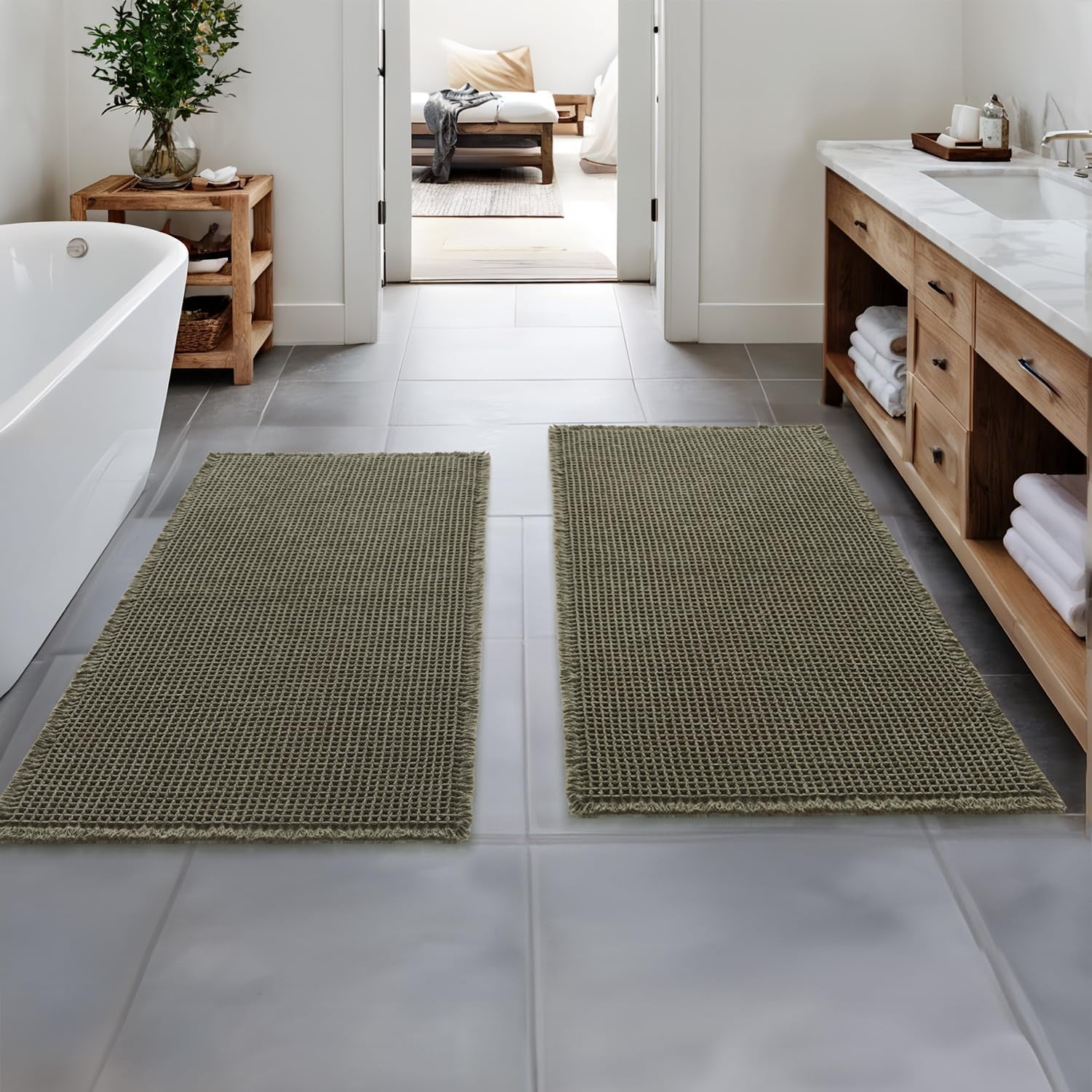 Set of 2 Waffle Bathroom Runner Rugs, Boho Bath Rugs Non Slip Washable ...