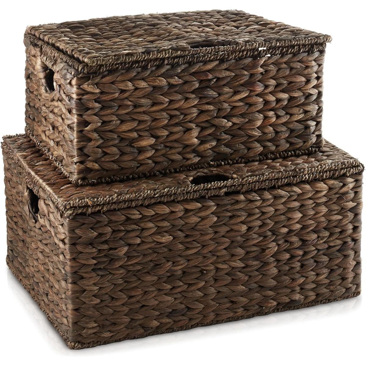 Set of 2 Water Hyacinth Rectangular Storage Baskets with Lids (Medium ...