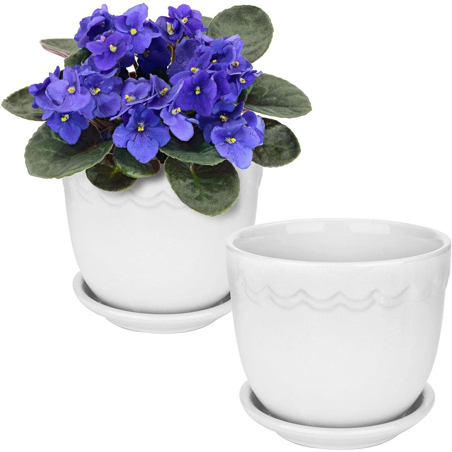 Set of 2 White Ceramic Scallop Design Planter Pots with Attached ...