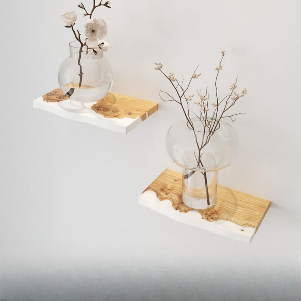 Set of 2 White Epoxy and Wood Floating Shelves, Live Edge Wooden ...
